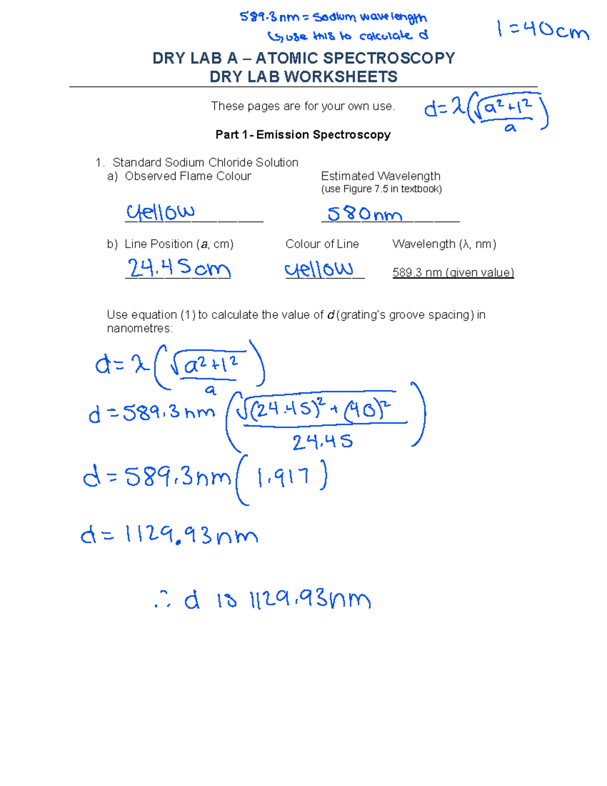 F22 CHEM1040 Dry Lab A: Emission & Absorption Spectroscopy Sheets - Studocu