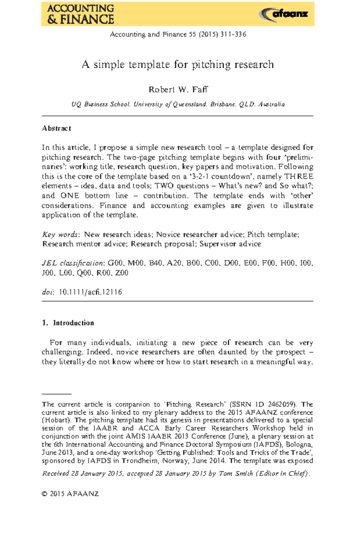 Faff (2015 ) a simple template for pitching research - A simple ...