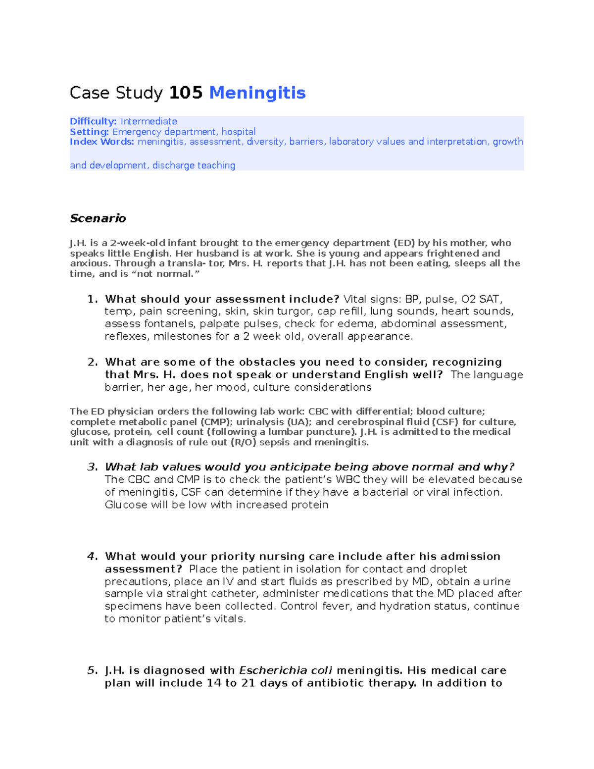 Case Study 105 Meningitis - Case Study 105 Meningitis Difficulty: Intermediate Setting ...