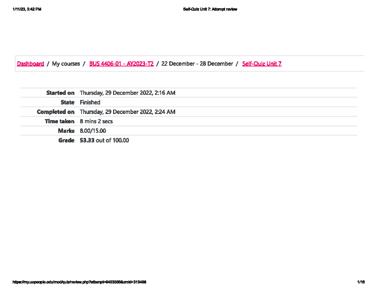 BUS 4406 Self-Quiz Unit 7 - 5:42 PM Unit 7: Attempt review Dashboard My ...