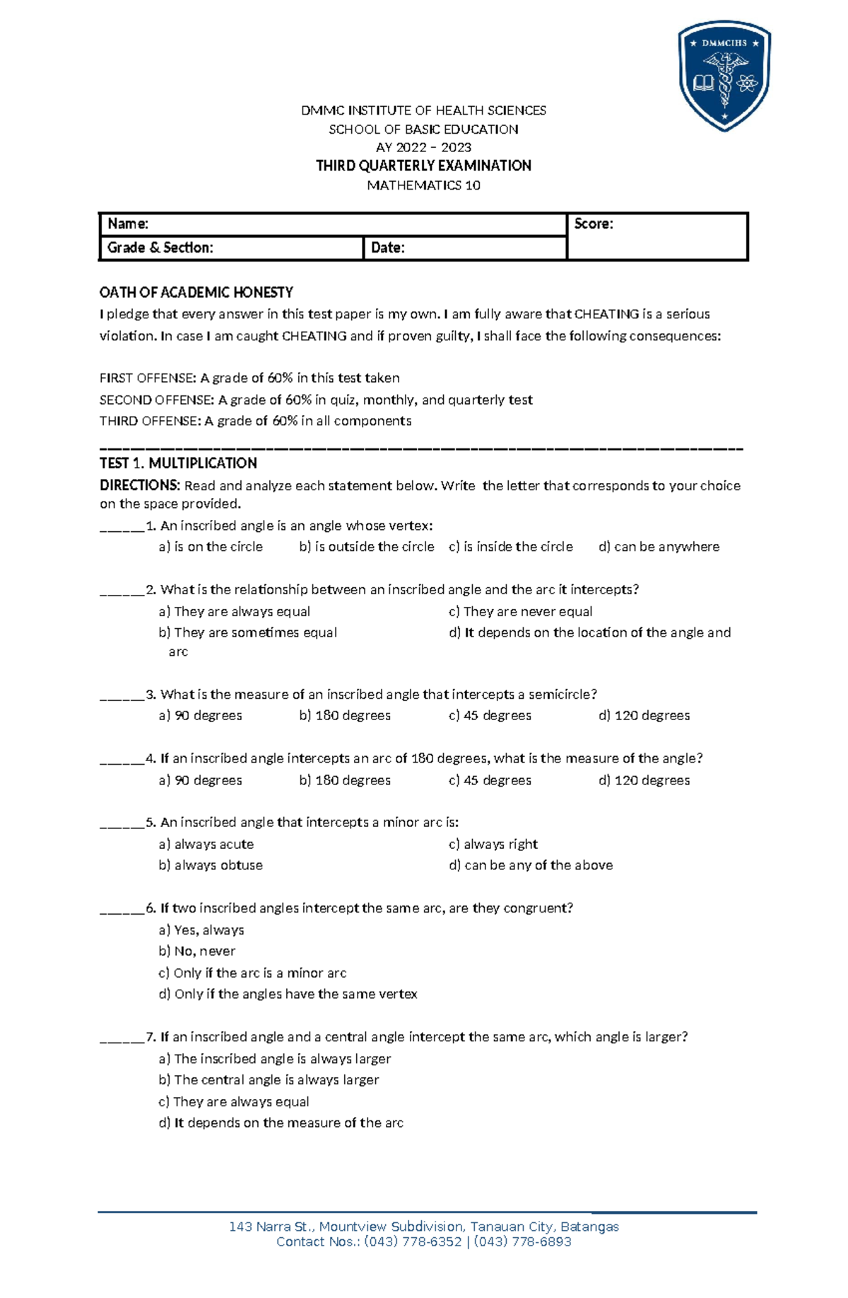 3rd QE EXAM MATH 10 - DMMC INSTITUTE OF HEALTH SCIENCES SCHOOL OF BASIC ...