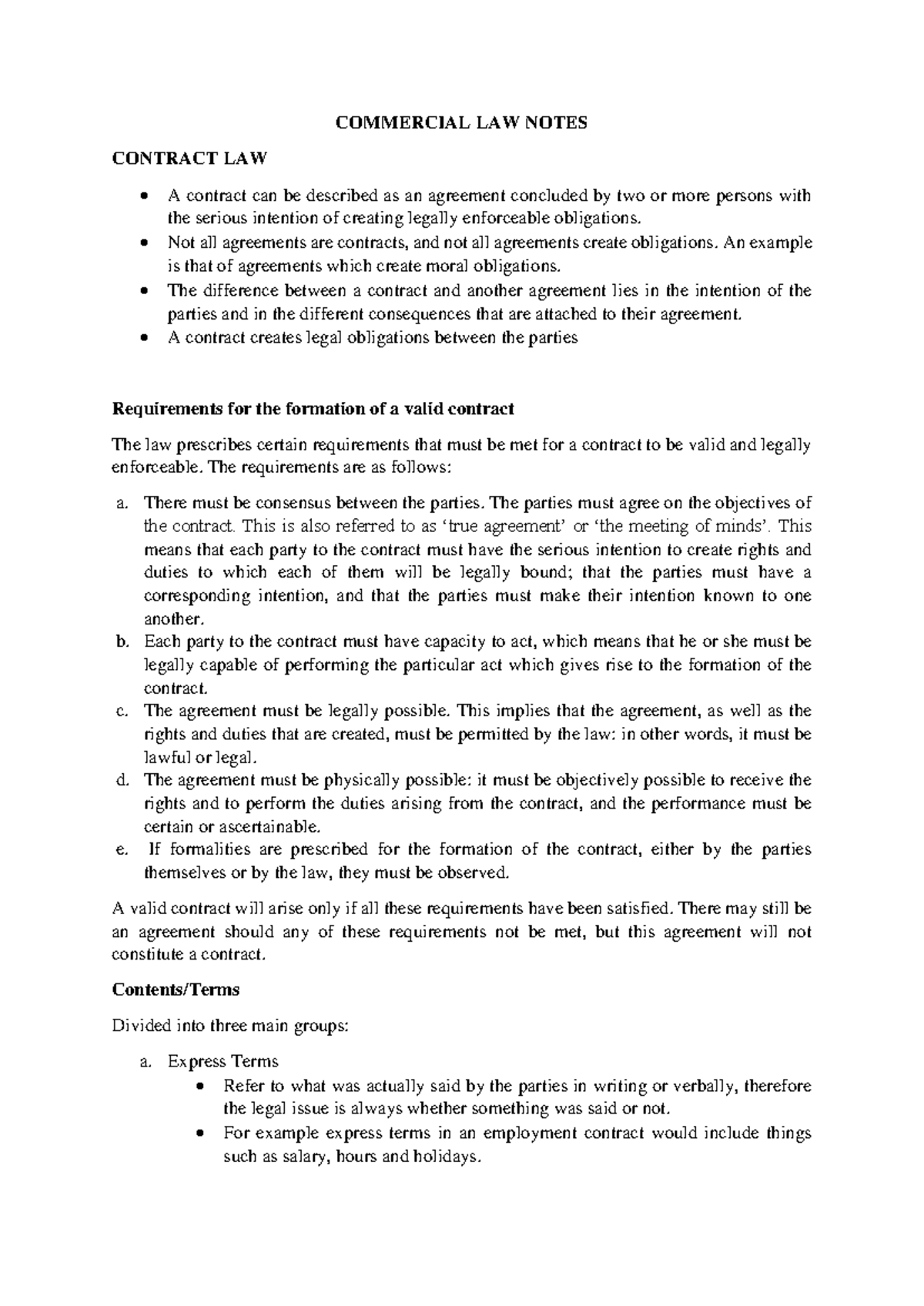 Commercial Law Summarised Notes 2 - COMMERCIAL LAW NOTES CONTRACT LAW A ...