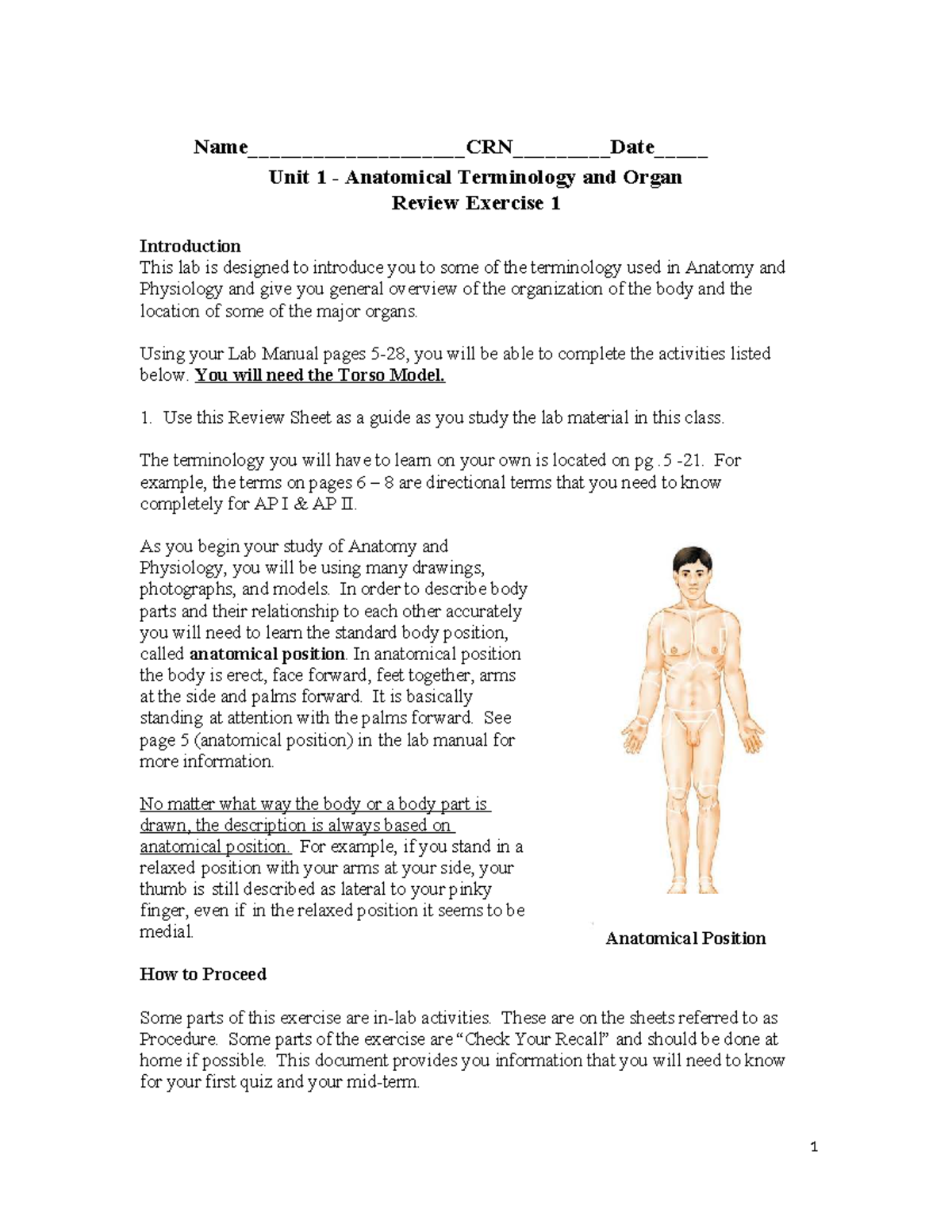 Anatomy & Physiology Lab 1: Terminology & Organ Review - Studocu