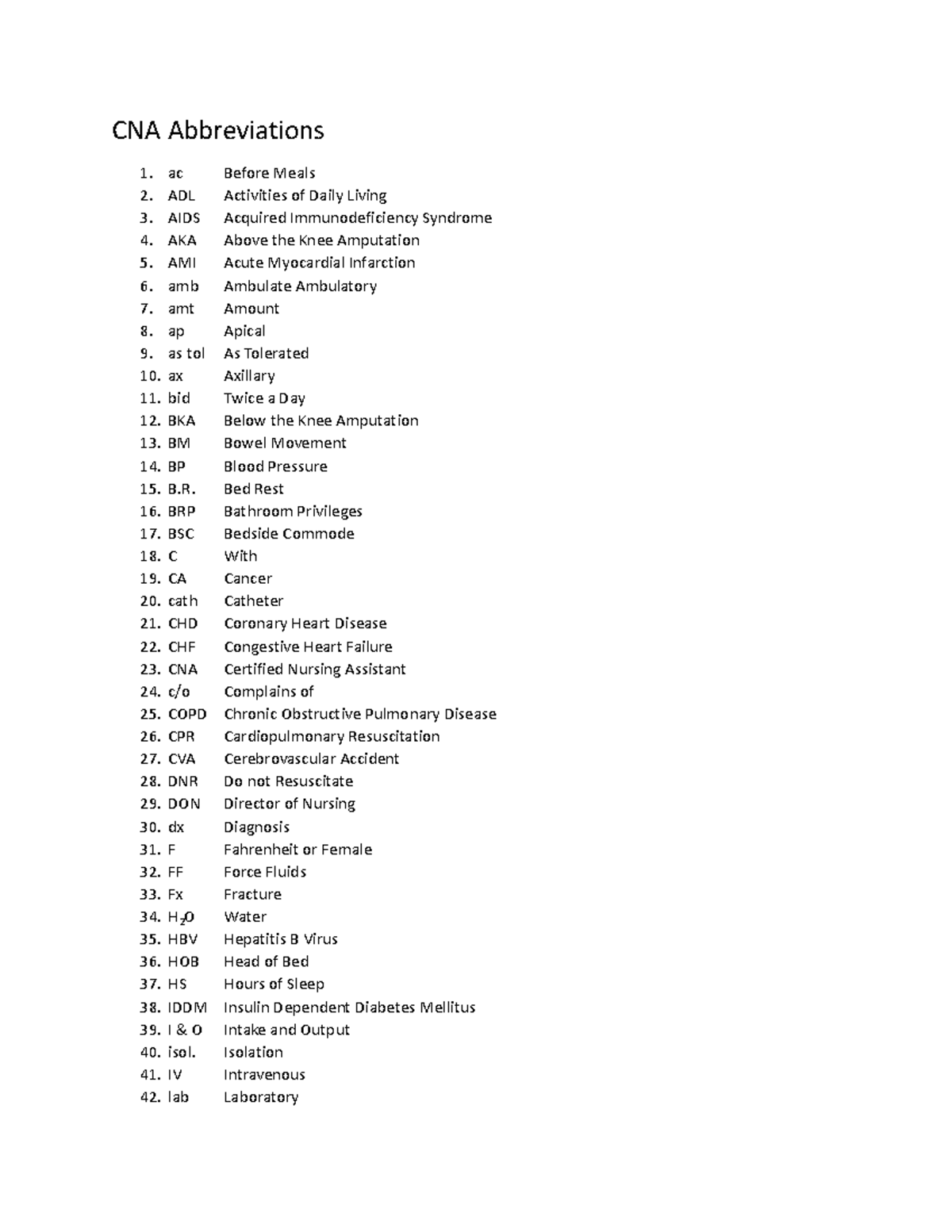 CNA & Academic Abbreviations Reference Guide for Nursing Students - Studocu