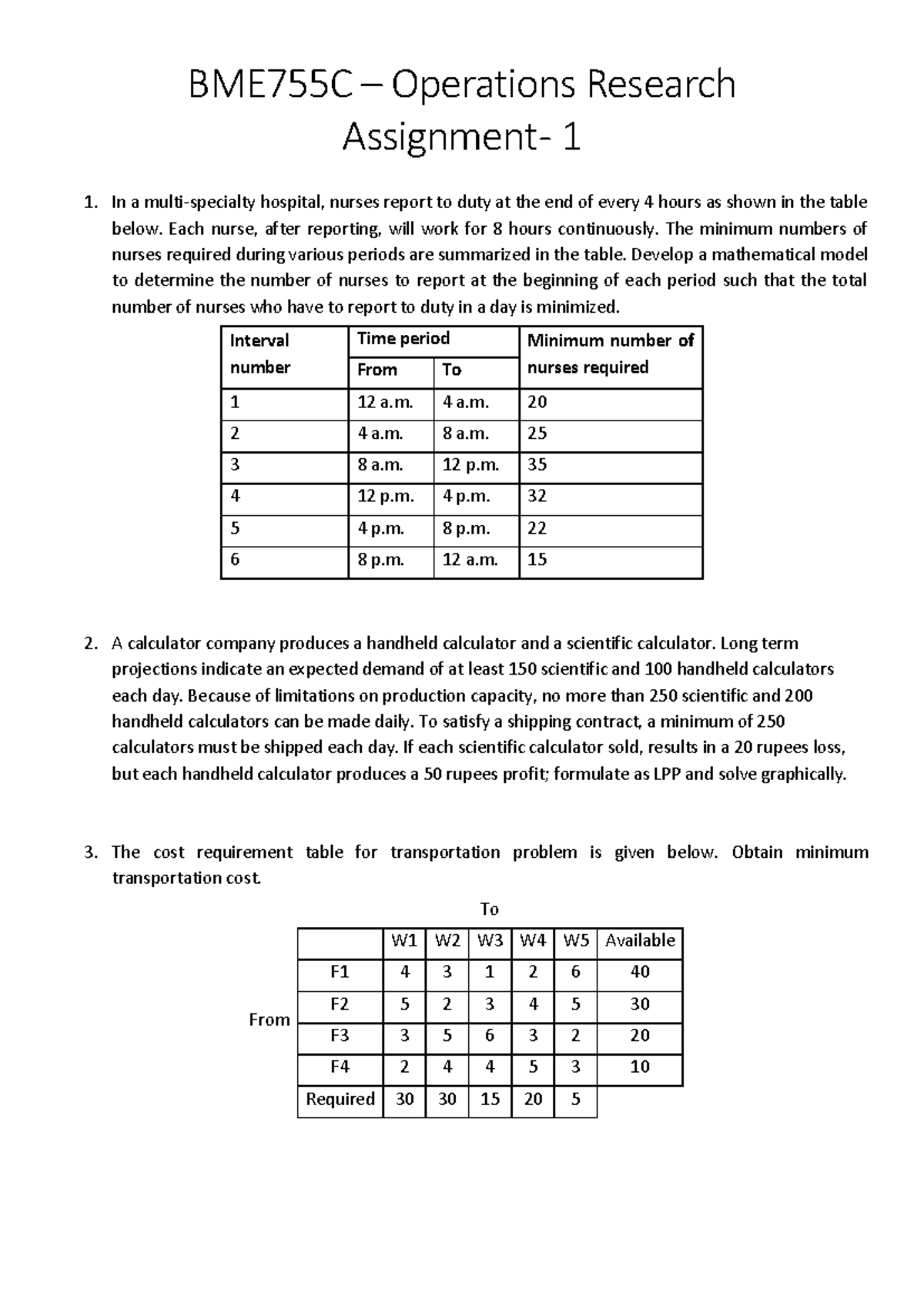 BME755C Operations Research Assignment 1: Nurse Scheduling & LPP - Studocu