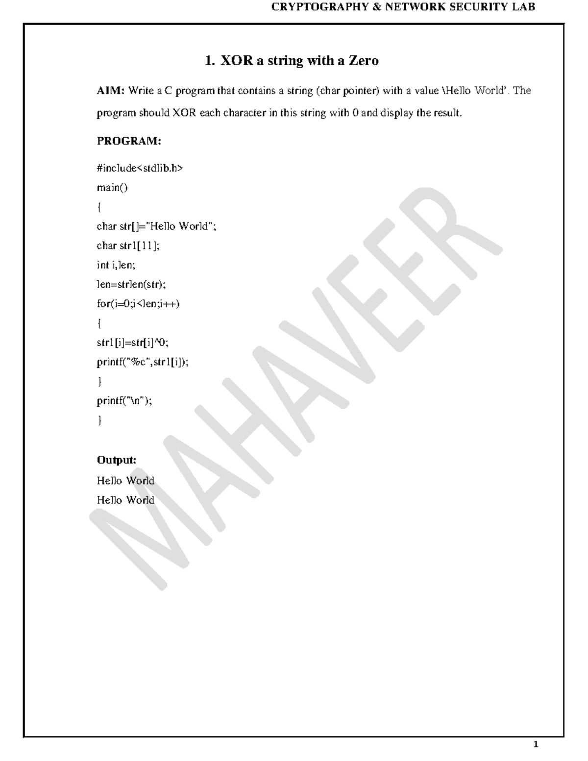 CRYPTOGRAPHY NETWORK SECURITY LAB 1: XOR String & Cipher Algorithms ...