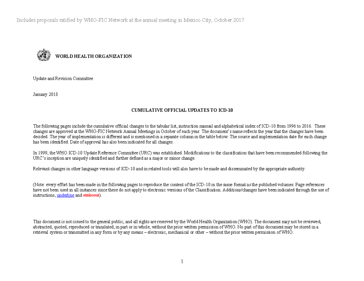 Cumulative Official Updates to ICD-10 (1996-2016) - WHO Annual Meeting ...