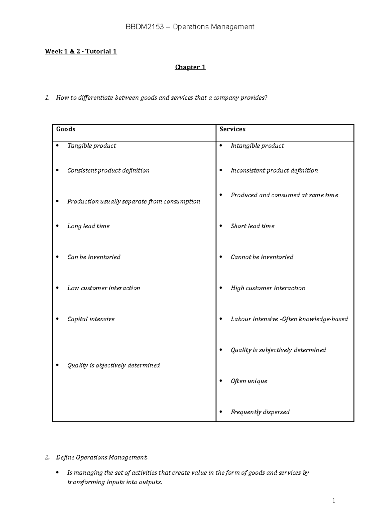 BBDM2153 - Operations Management: Week 1 & 2 Tutorial Answers - Studocu