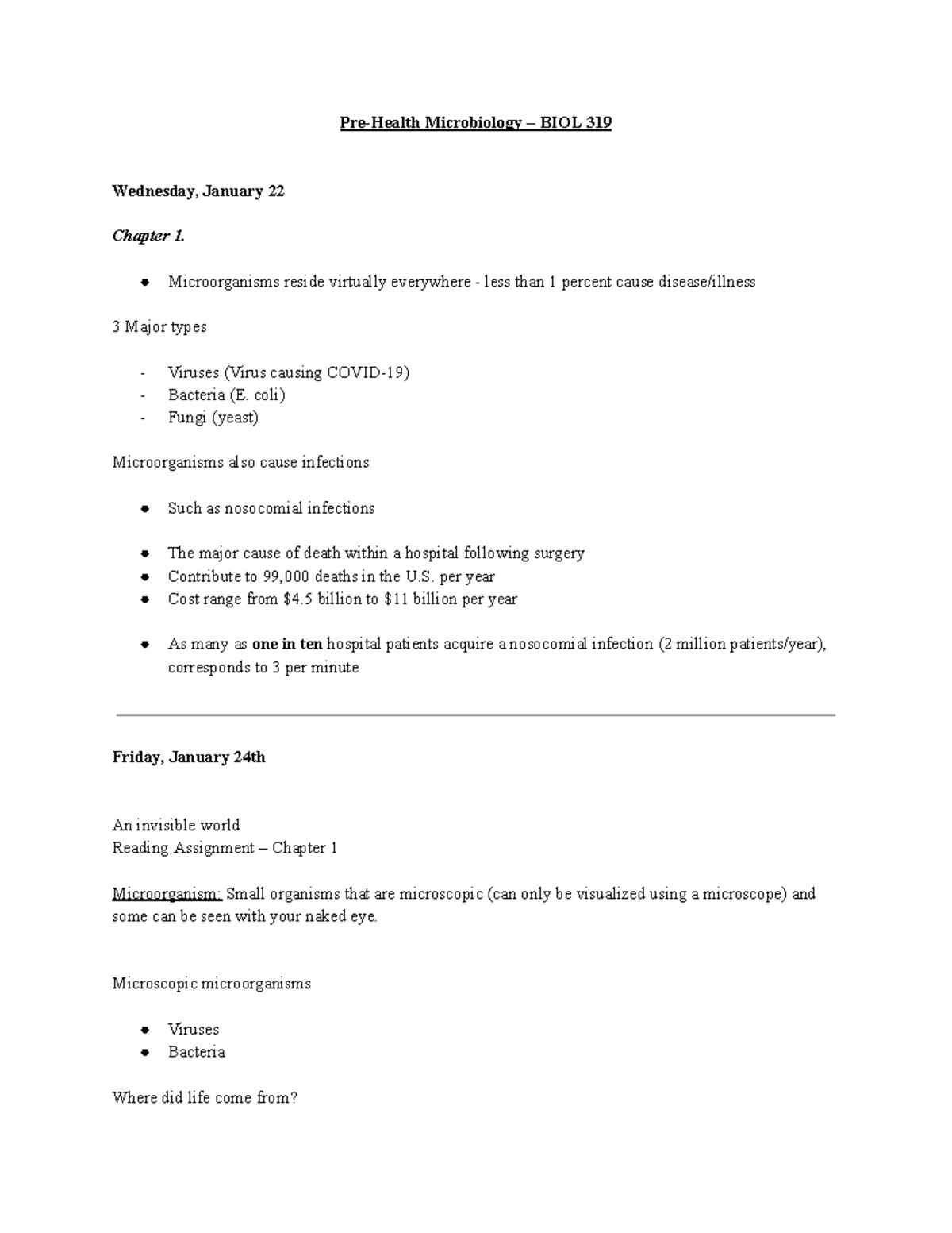 Pre-Health Microbio BIOL 319 Lecture Notes - Key Topics from Chapters 1 ...