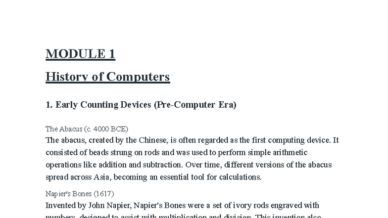 Module 1 - SEC - MODULE 1 History of Computers 1. Early Counting ...