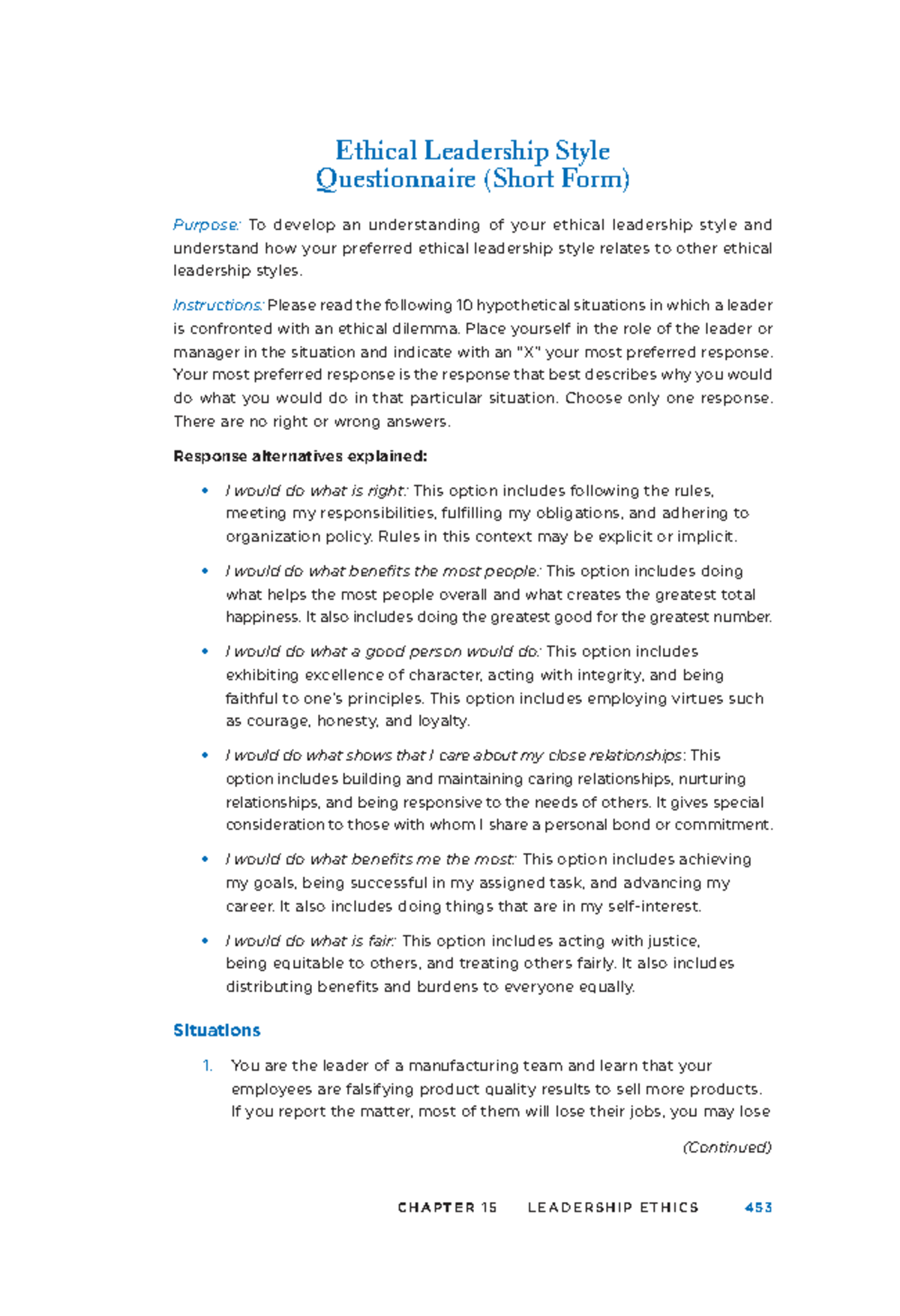 Ethical Leadership Style Questionnaire (Short Form) - Scale 1 - Studocu