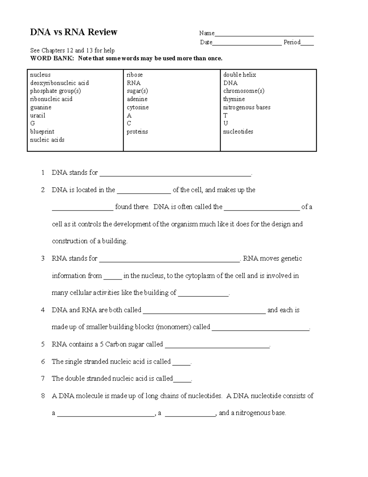 DNA vs RNA Worksheet with Review Questions and Word Bank - Studocu