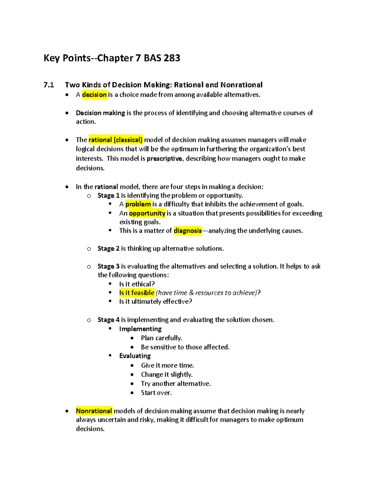 Key Points on Decision Making: Rational vs Nonrational Models - BAS 283 ...