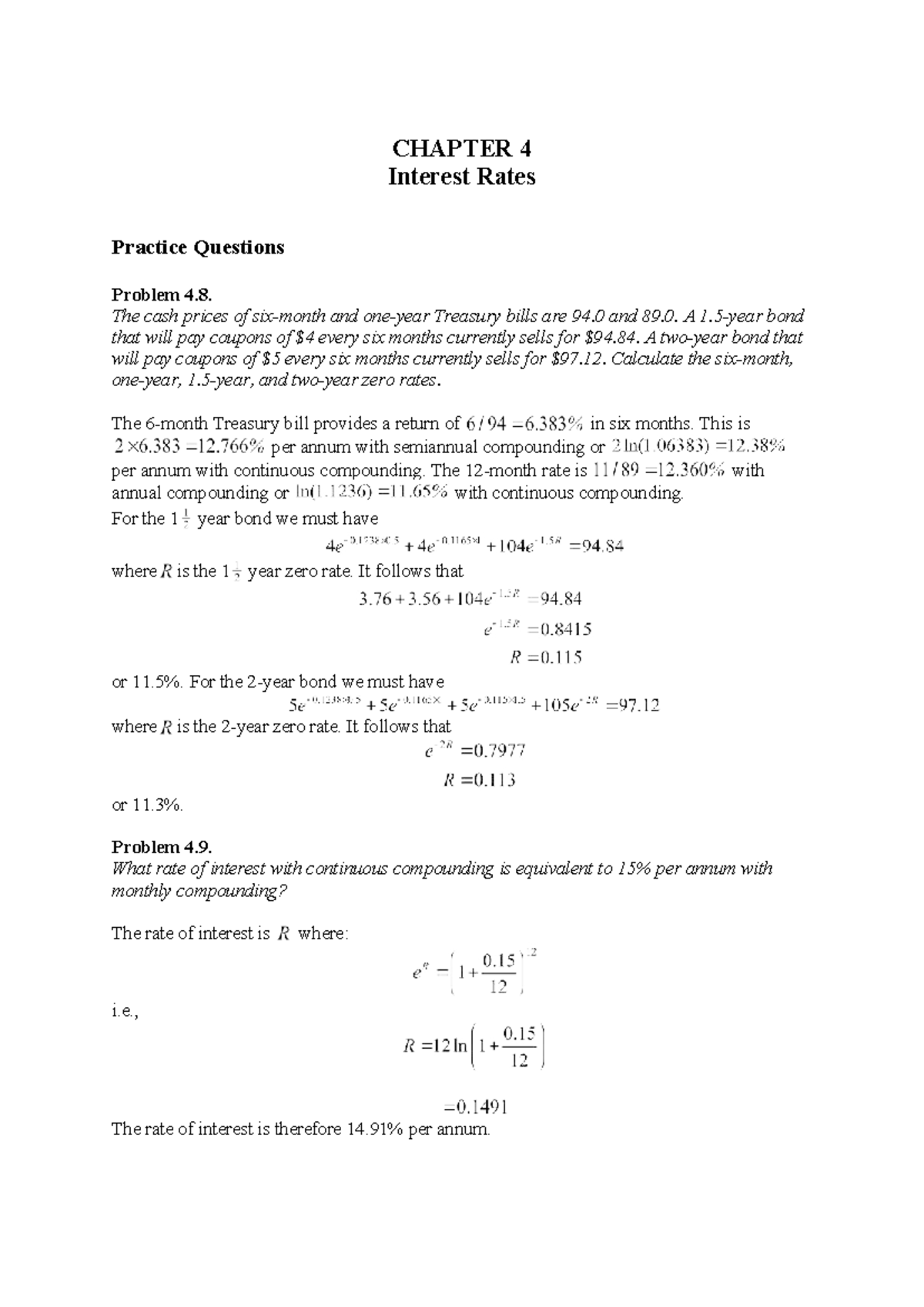 CH04 Interest Rates Practice Questions & Solutions - Hull Fund 9e - Studocu