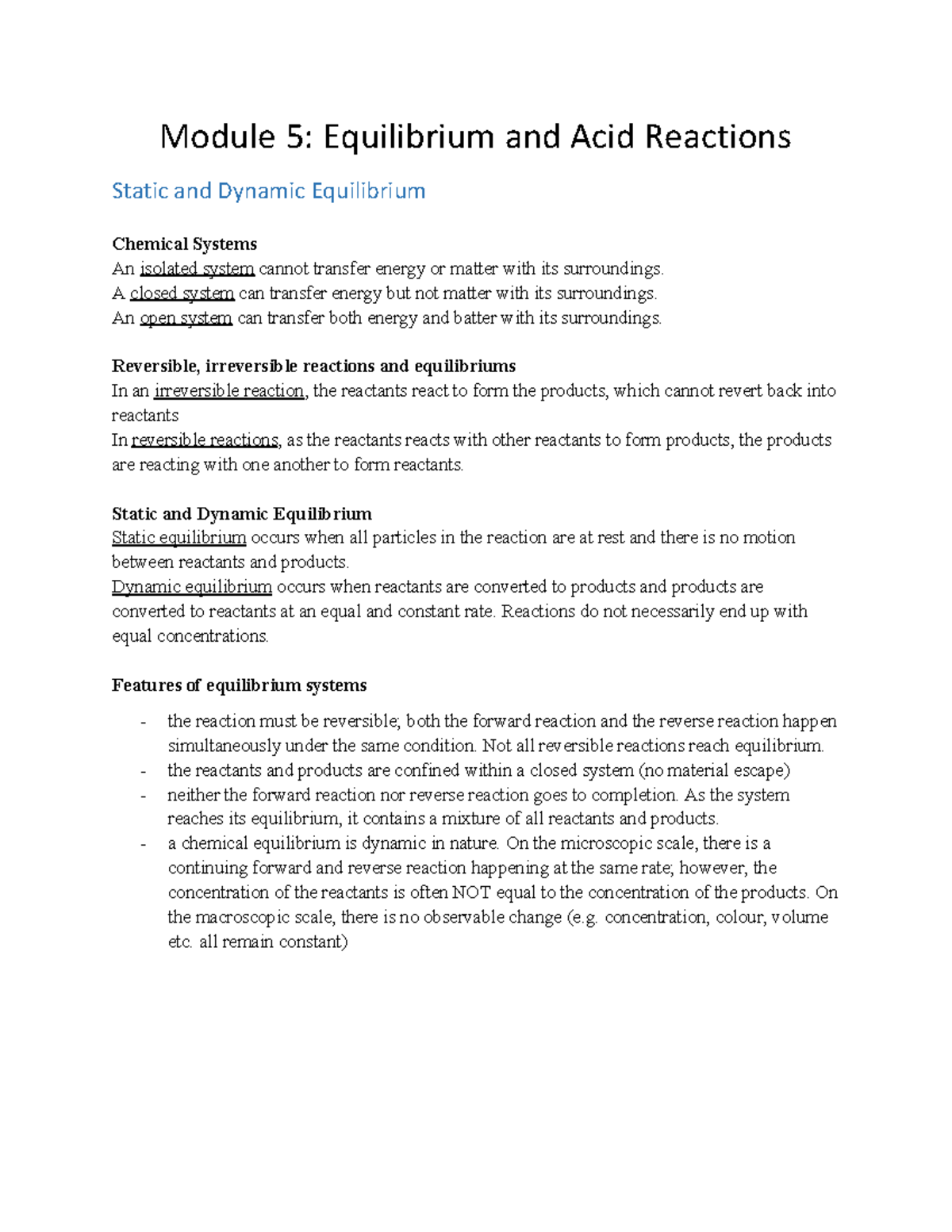 CHEM Module 5- Equilibrium and Acid Reactions - Module 5: Equilibrium ...