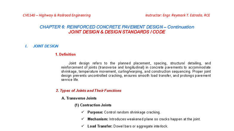 CVE140 Highway Railroad Engineering: Lesson 8 on Joint Design in RCP ...