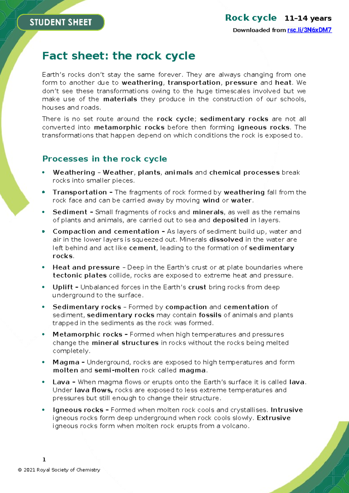 Rockcyclefactsheet 659511 - Rock cycle 11–14 years Downloaded from rsc ...