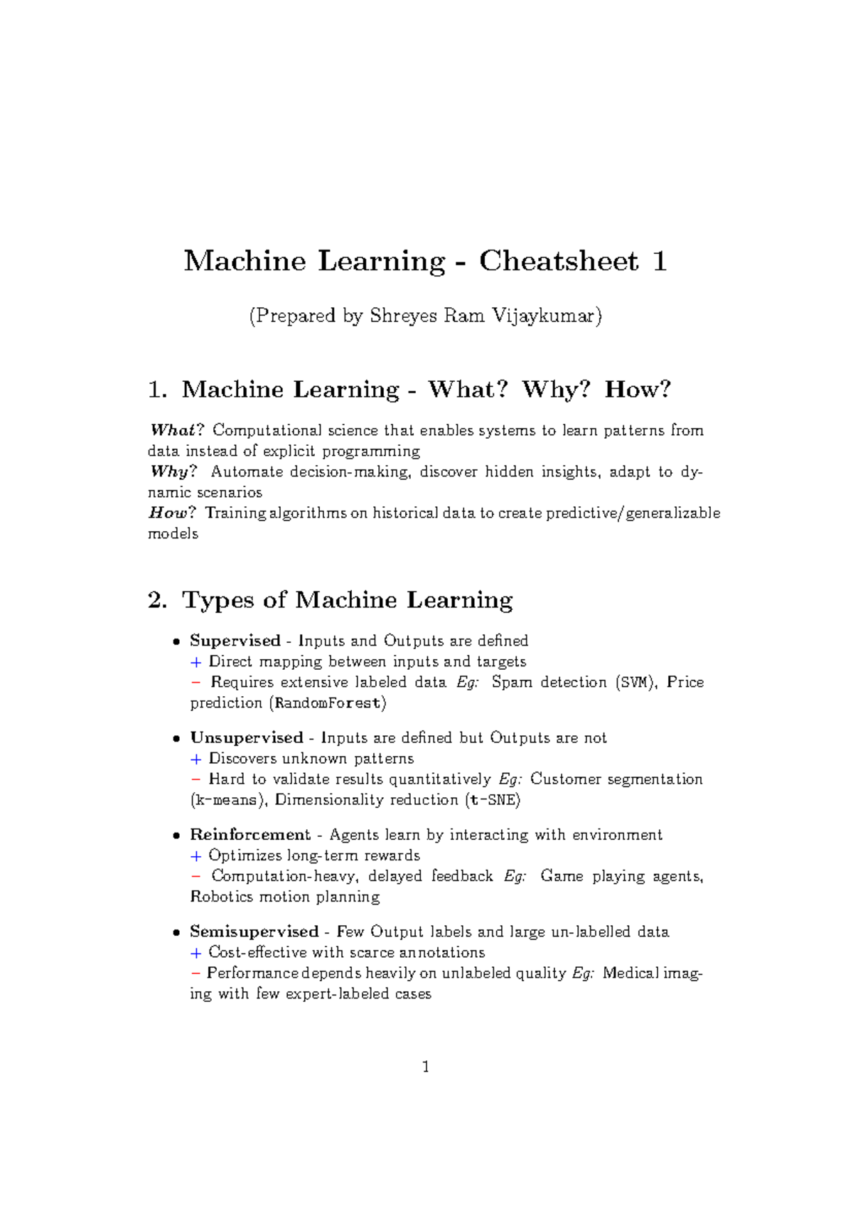 ML Cheatsheet 1: Key Concepts and Techniques in Machine Learning - Studocu