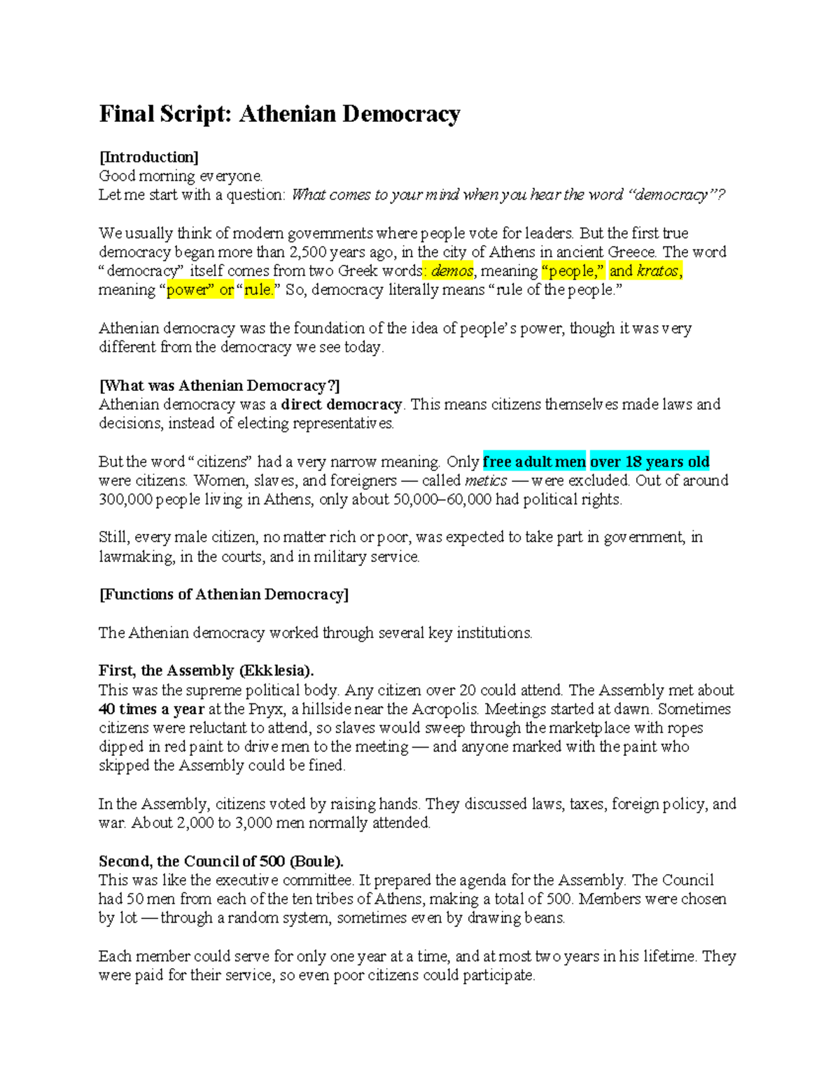 Final Script: Athenian Democracy Overview and Analysis - Studocu