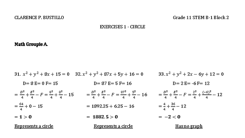 Pre-Calculus Grade 11 STEM Block 2 Exercises on Circles - Studocu