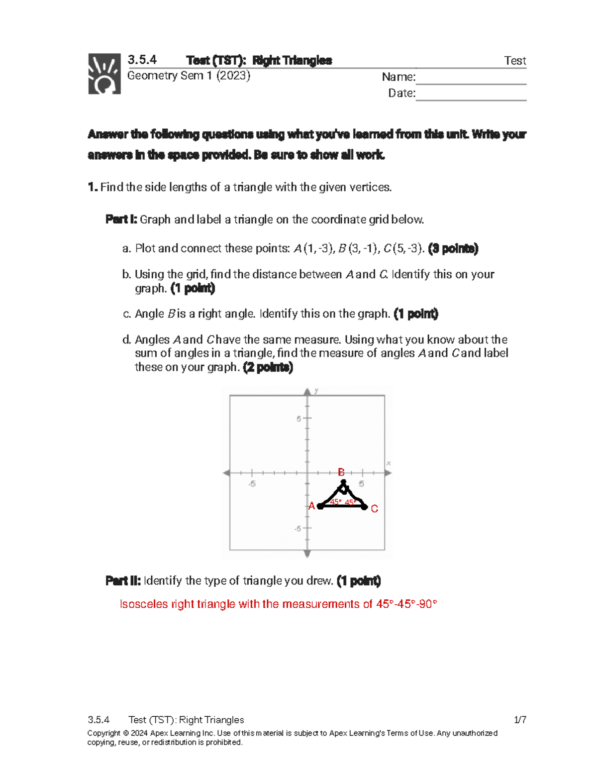 a3.5.4 Right Triangles Test (TST) - Geometry Sem 1 (2023) - Studocu