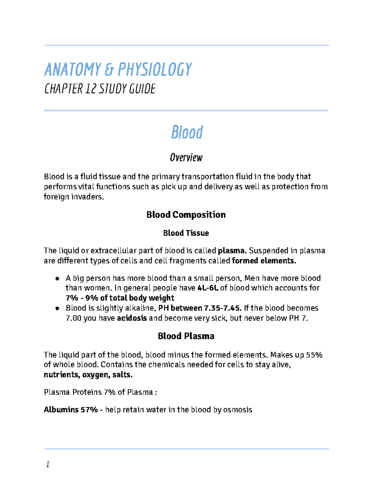 Anatomy & Physiology: CH 12 Blood Study Guide Overview and Details ...