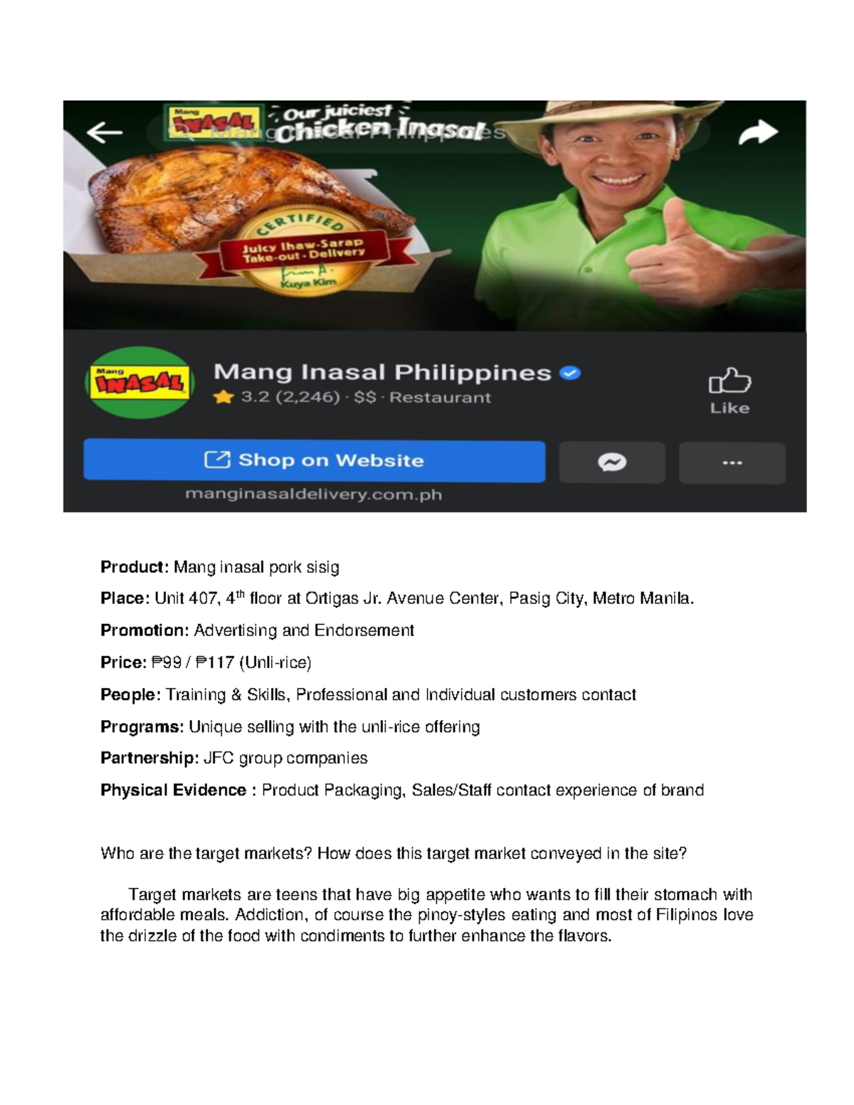 BSHM1 BLK1 Macro: Promotion & Market Analysis of Mang Inasal Pork Sisig ...