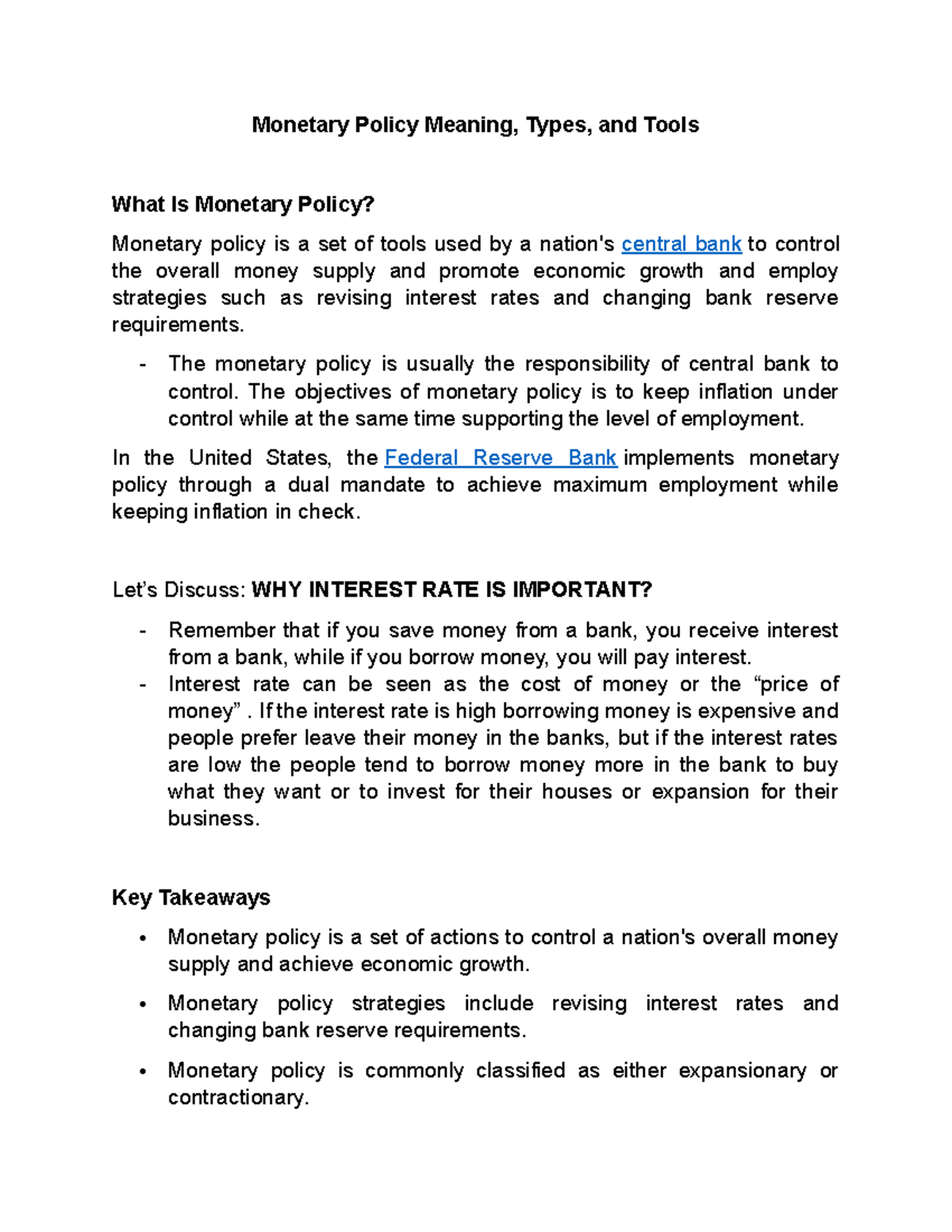 Monetary Policy: Meaning, Types & Tools Explained (ECO 101) - Studocu