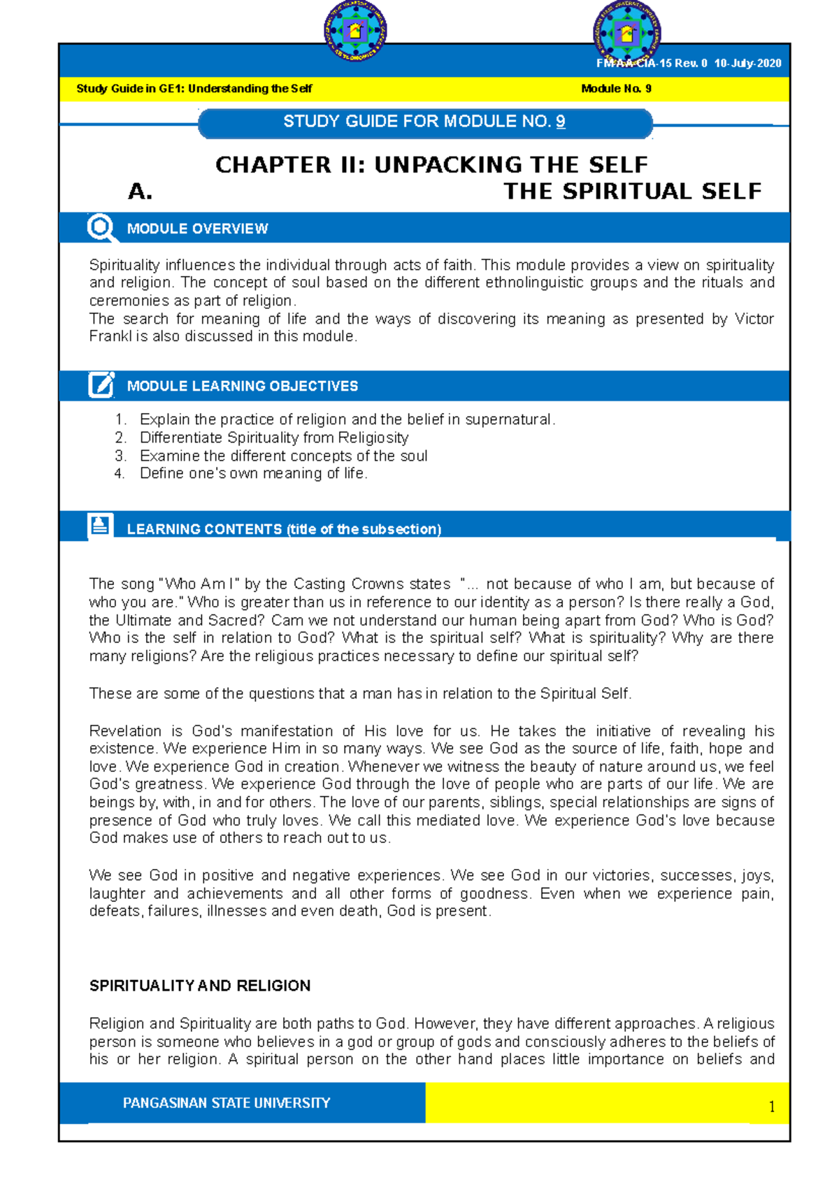 GE1 Module 9 Spiritual Self - CHAPTER II: UNPACKING THE SELF A. THE SPIRITUAL SELF MODULE ...
