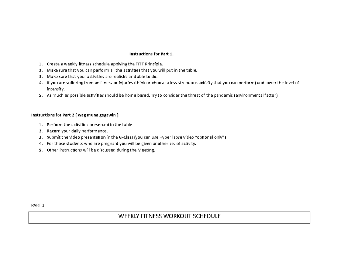 Sample Weekly Fitness Workout Schedule - Physical Education 3 - DHVSU ...