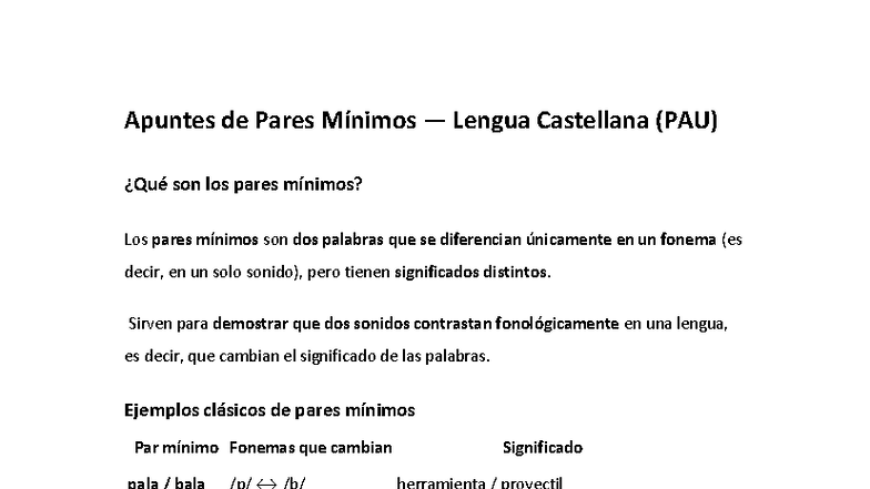 Apuntes sobre Pares Mínimos en Lengua Castellana (PAU) - Studocu