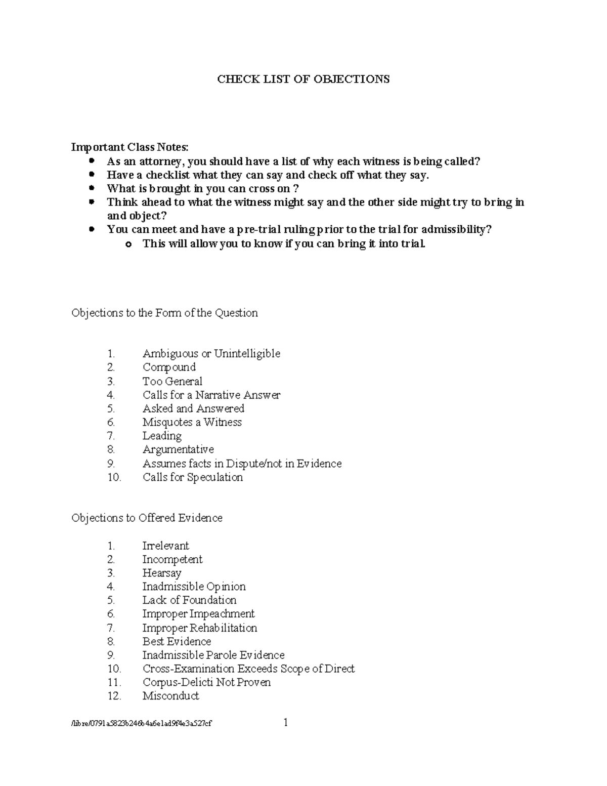 Final Exam: Check List of Objections for Legal Practice - Studocu