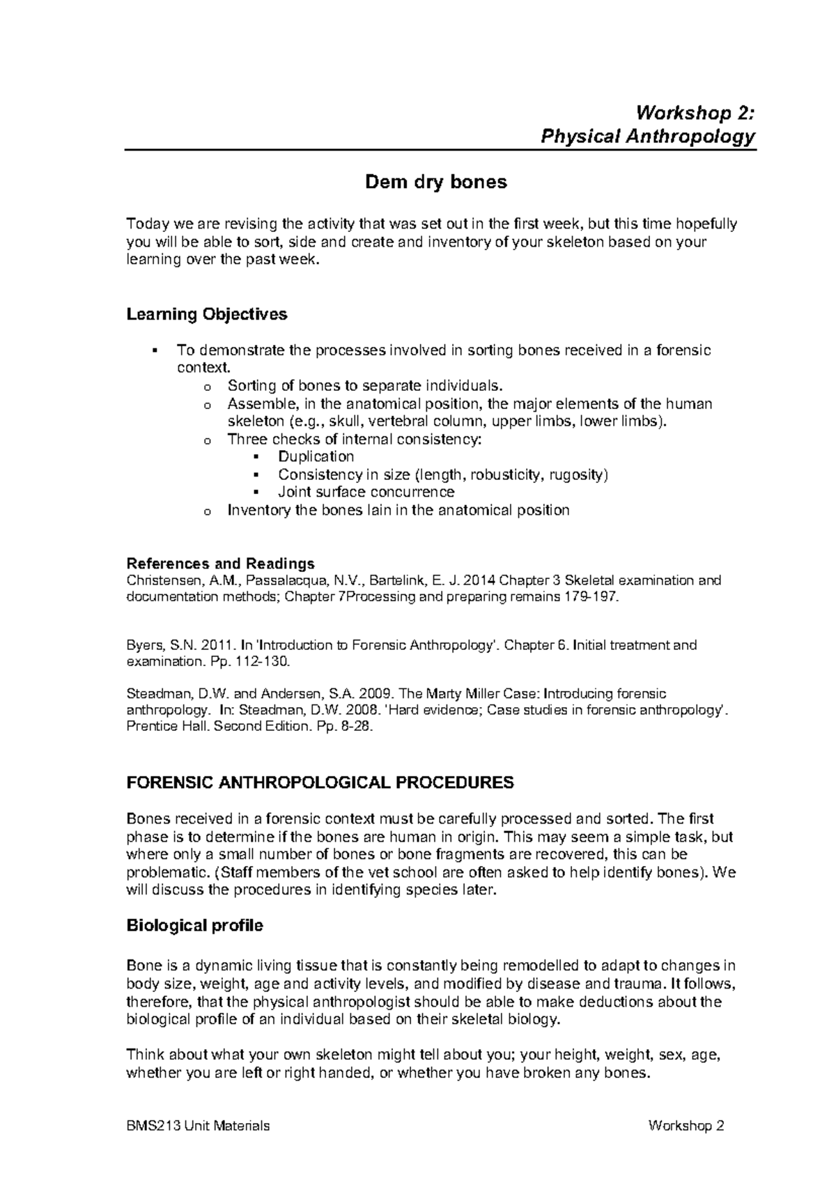 BMS213 Workshop 2: Forensic Anthropology Skeleton Inventory Guide - Studocu
