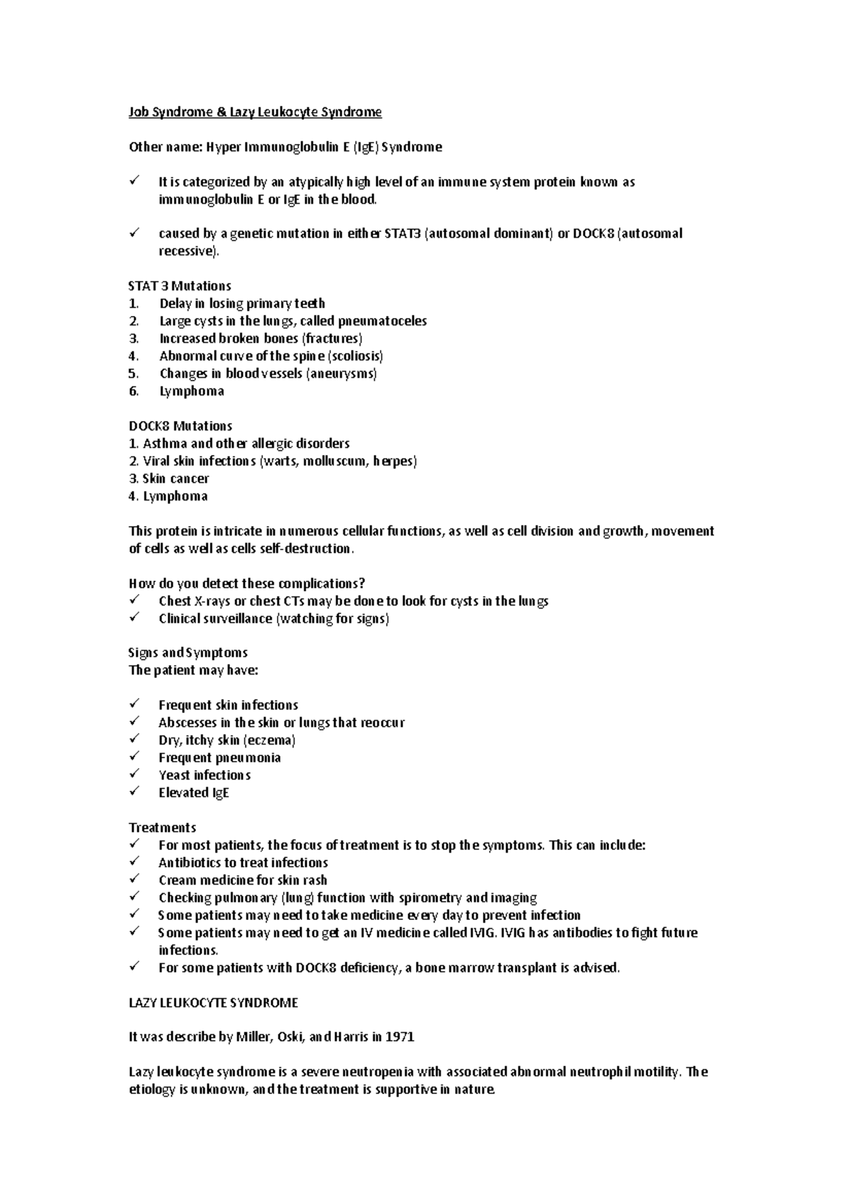 Job Syndrome & Lazy Leukocyte Syndrome Overview and Insights - Studocu