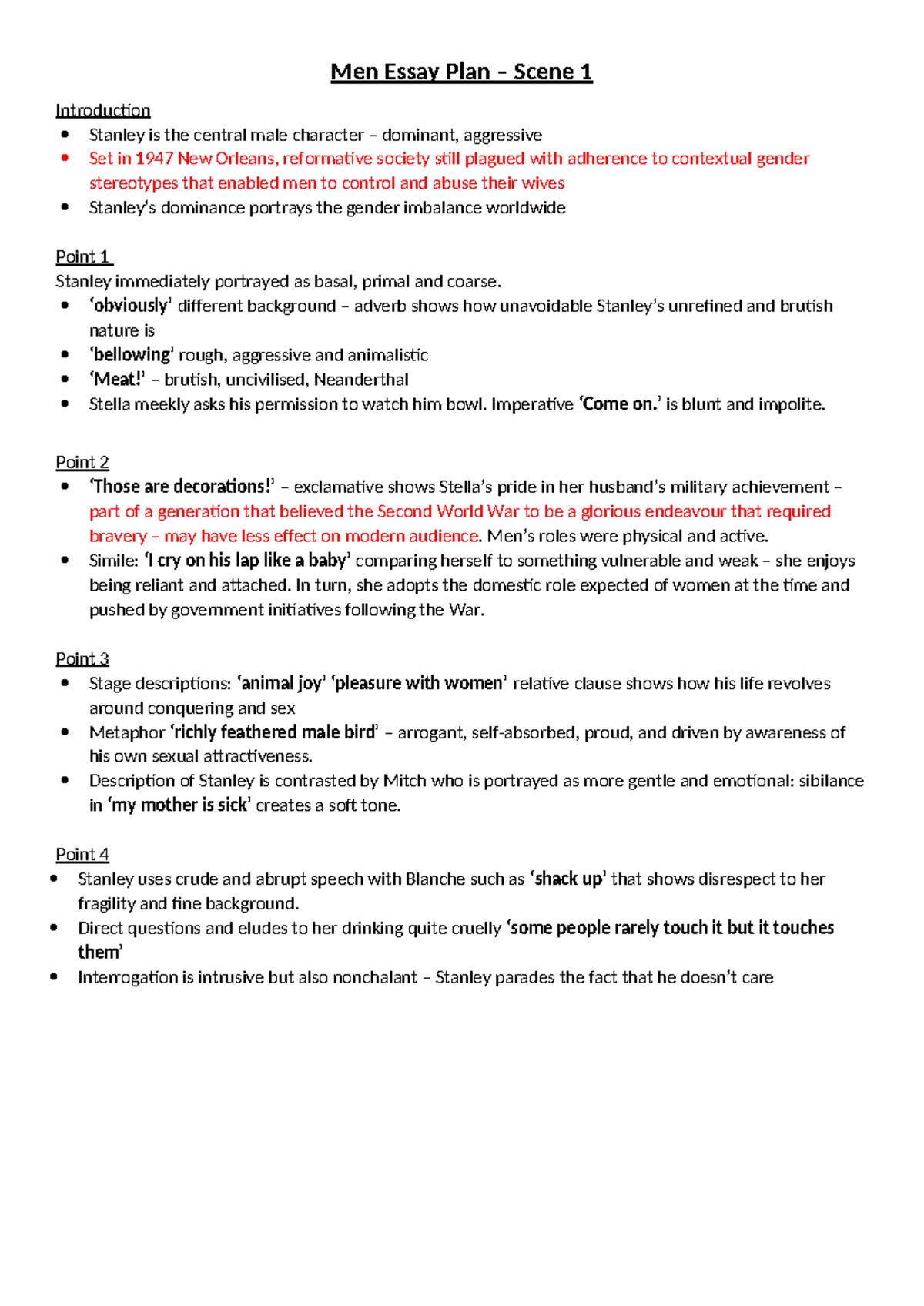 Men Essay Plan: Analyzing Stanley's Character in Scene 1 - Studocu