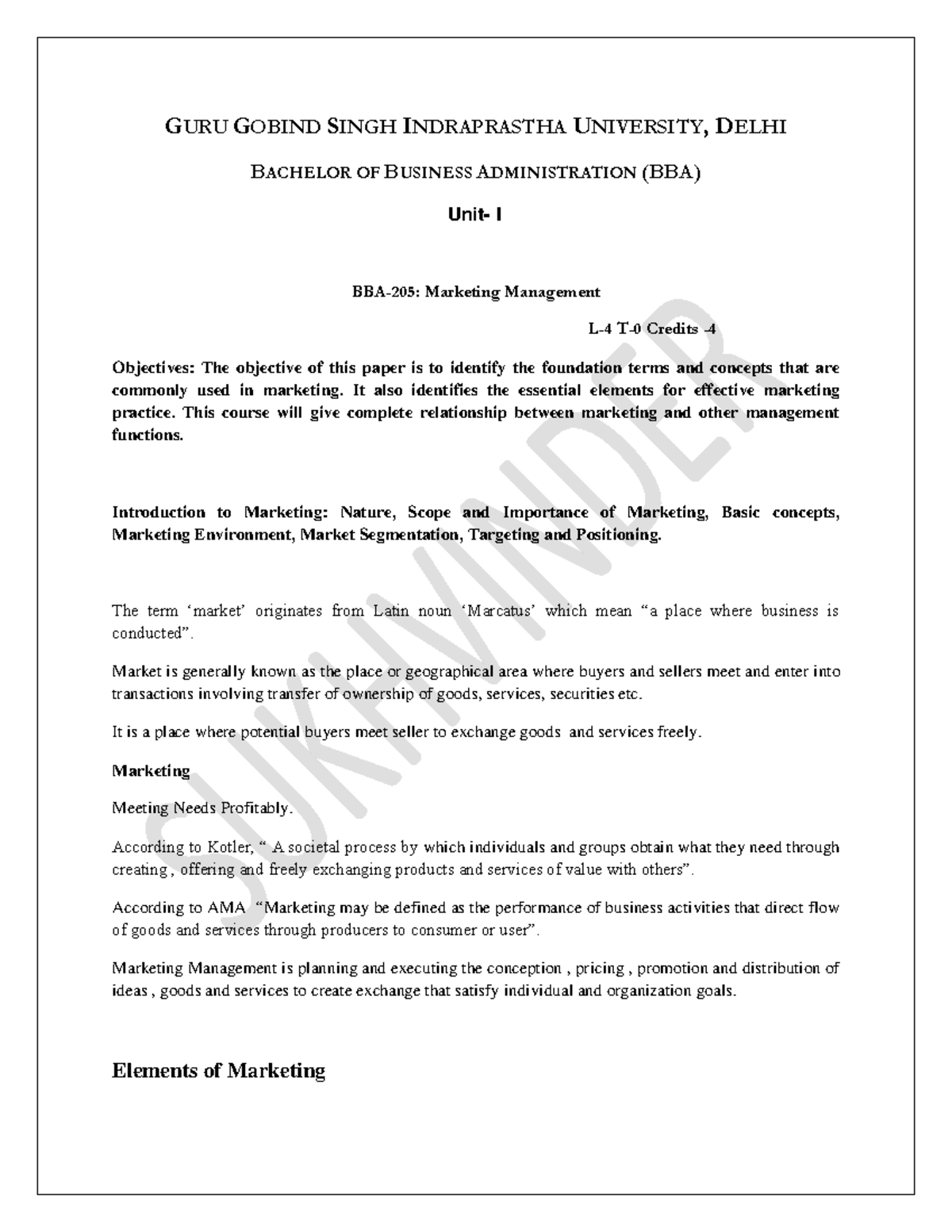 BBA-205 Marketing Management Notes: Unit 1 Overview and Concepts - Studocu