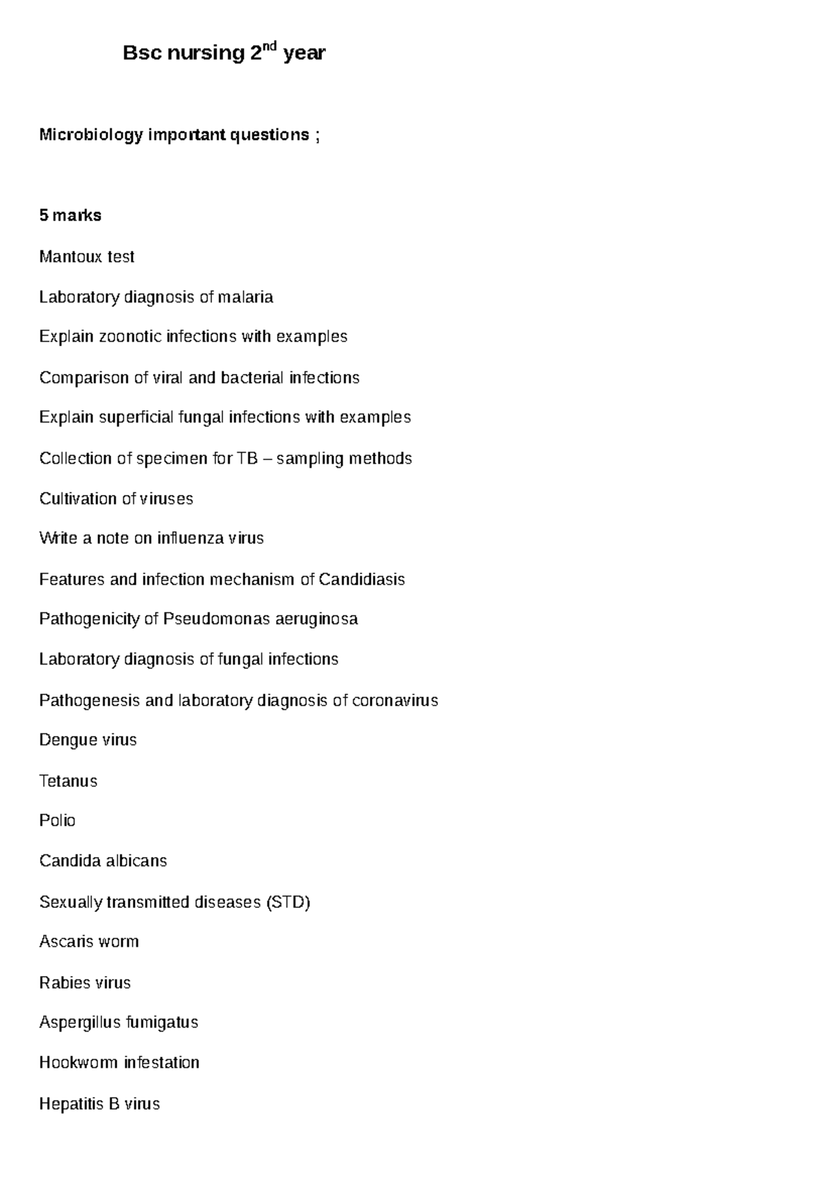 BSc Nursing 2nd Year Microbiology Important Questions for Exams - Studocu