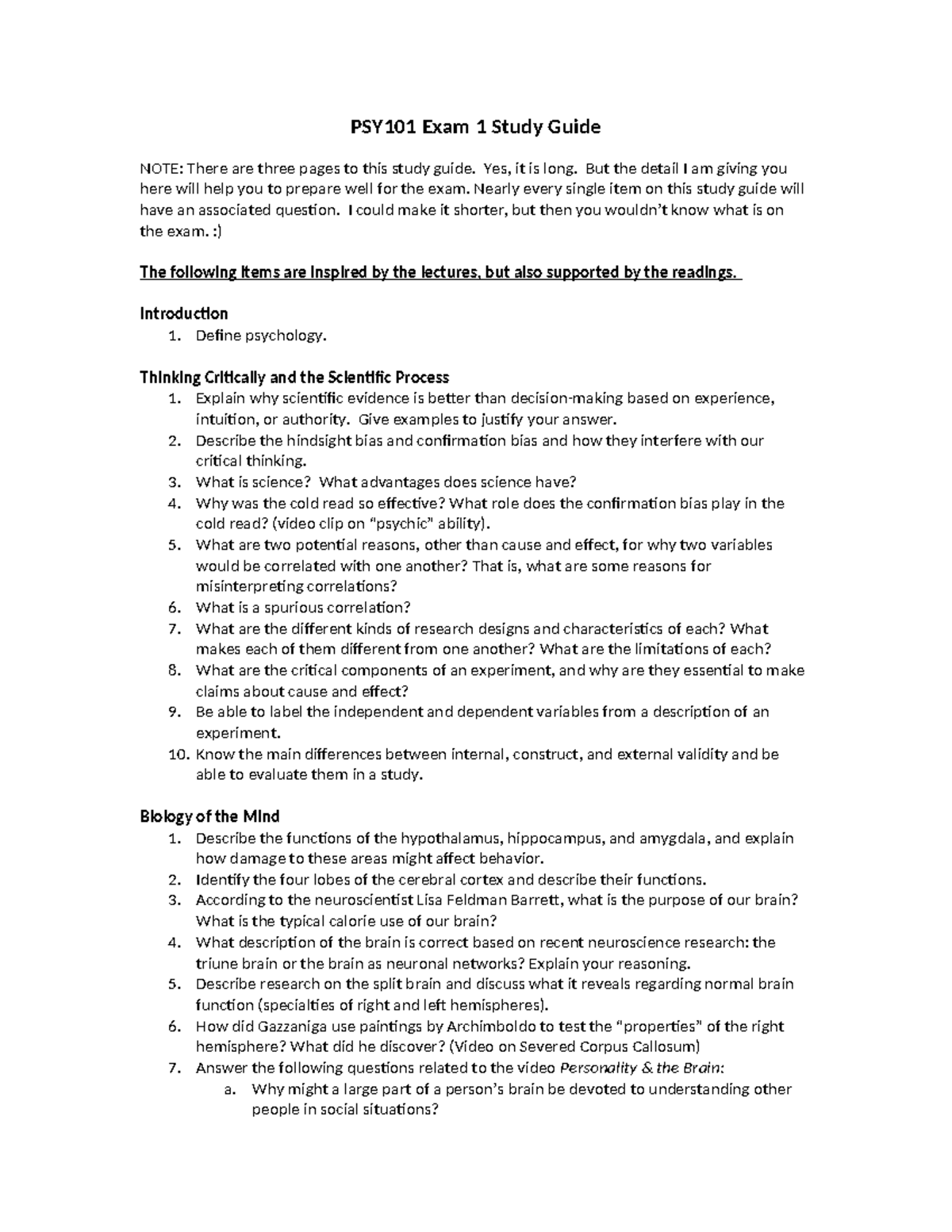 PSY101 Final Exam 1 Study Guide: Key Concepts & Questions - Studocu