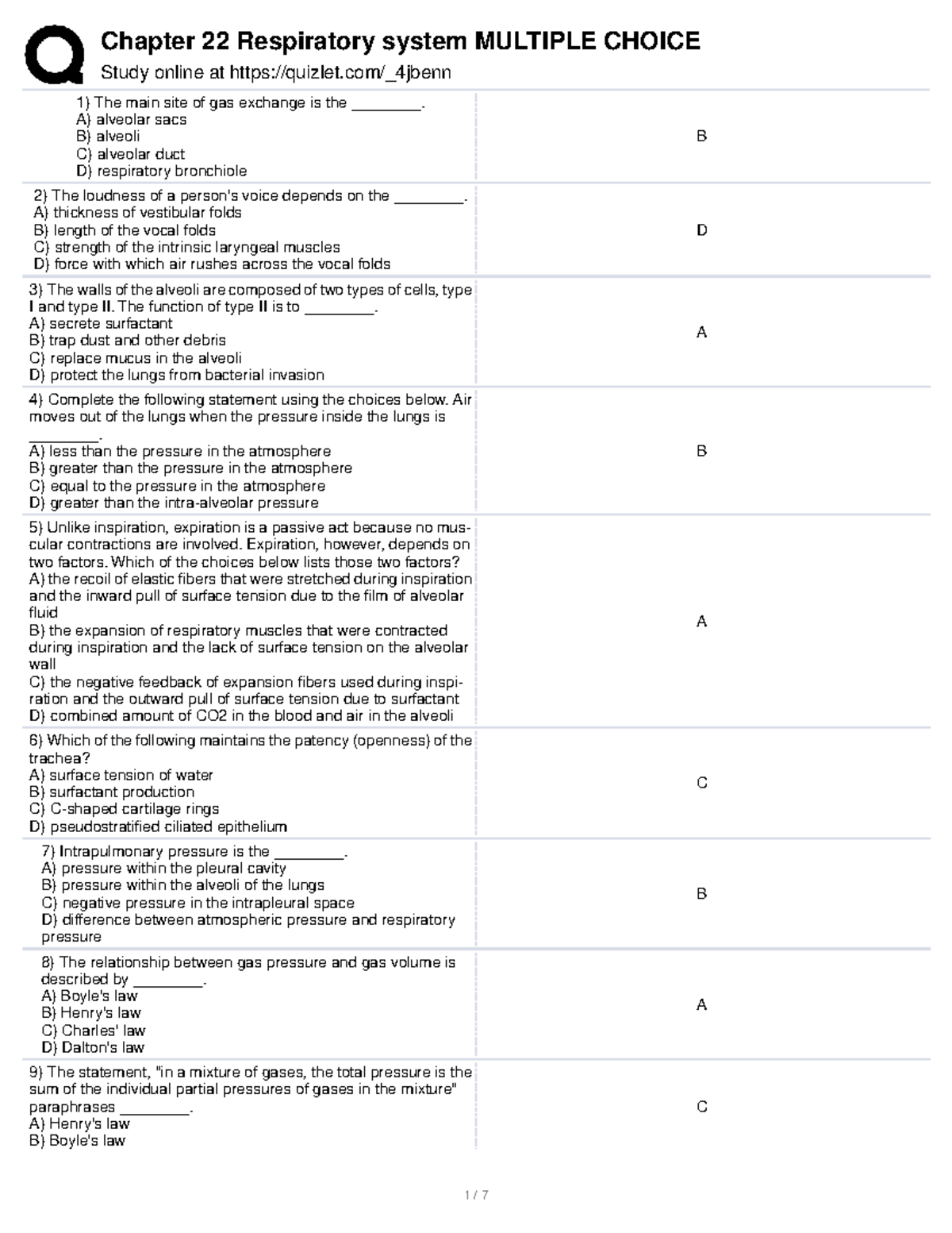 Chapter 22 Respiratory System MCQs - RESPI 3 Study Guide - Studocu