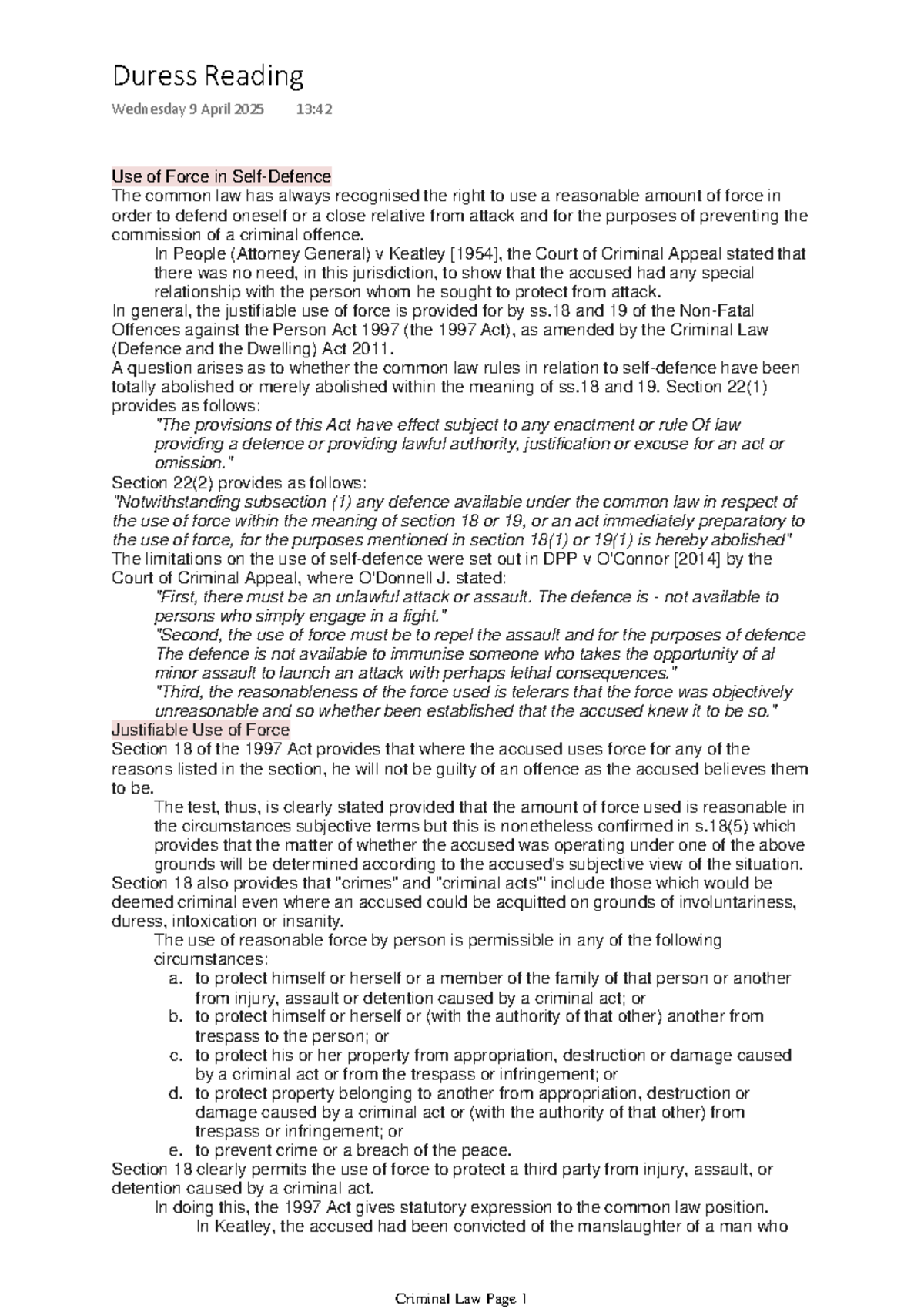 Duress and the justifiable use of force in criminal law (CL 101) - Studocu