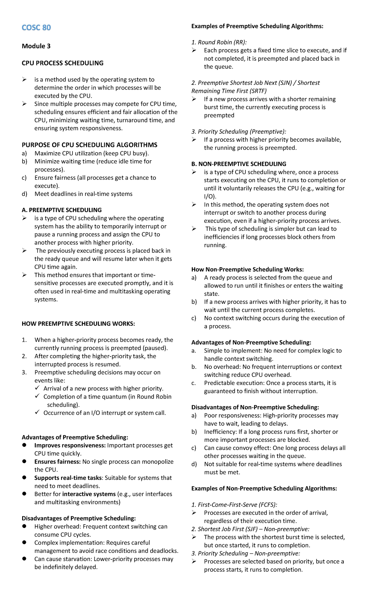 COSC 80 Module 3: CPU Scheduling Methods and Algorithms - Studocu