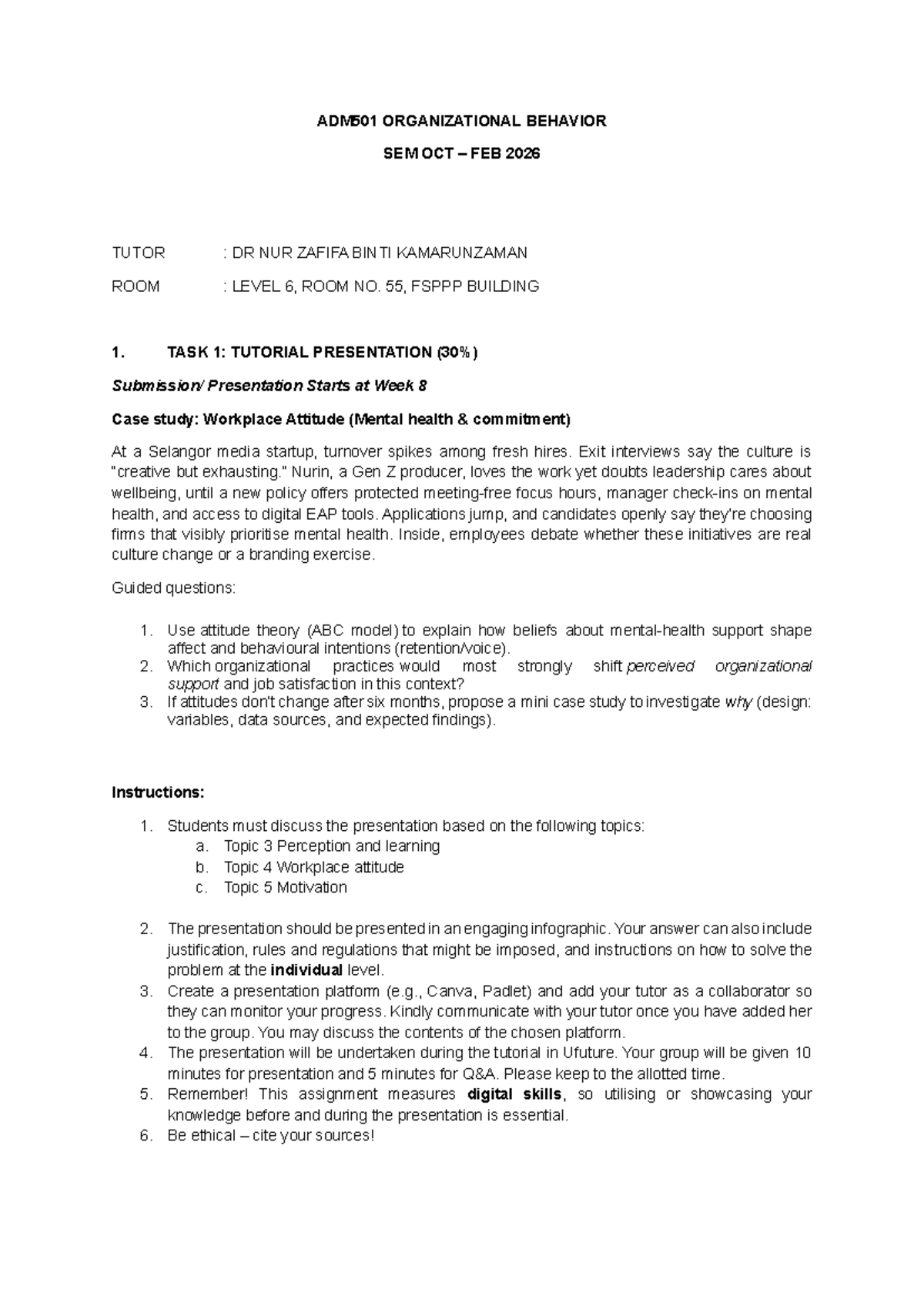ADM501 Tutorial Presentation: Workplace Attitude Case Study - Studocu