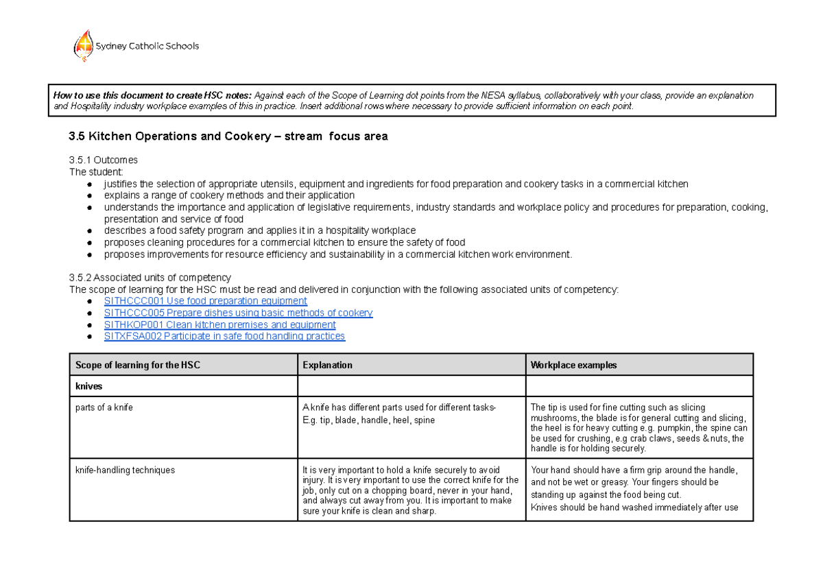 HSC Hospitality Notes - Kitchen Operations & Cookery Practices - Studocu