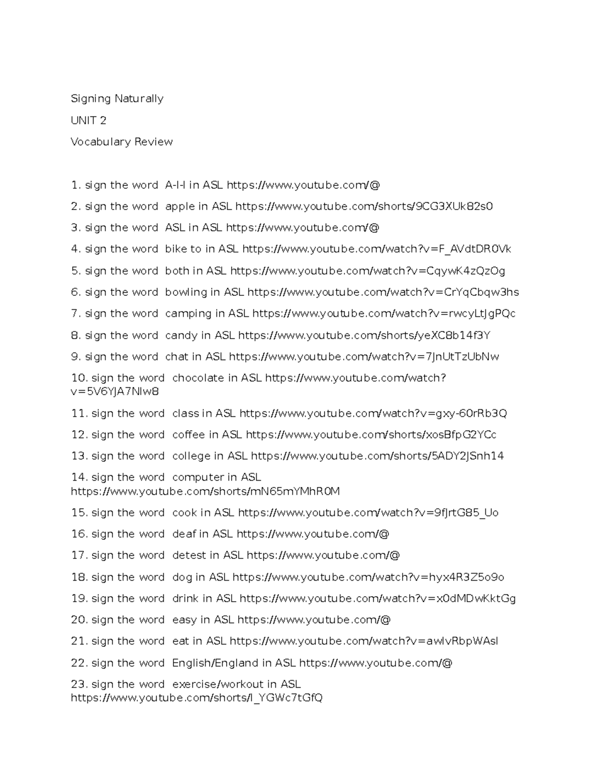 ASL Vocabulary Review - Unit 2 (Signing Naturally) - Studocu