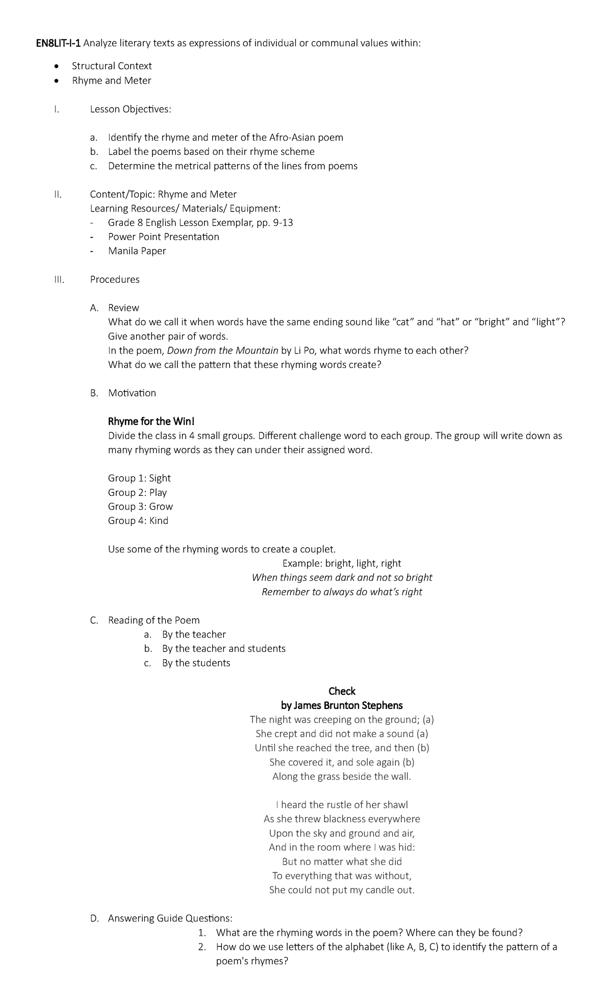 Grade 8 English: Rhyme and Meter Lesson Exemplar - Studocu