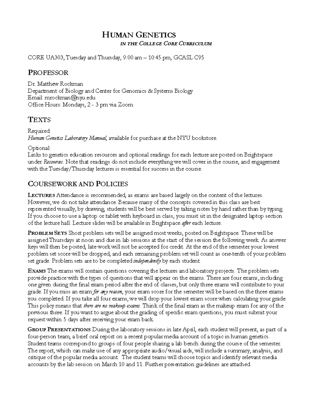 Human Genetics Syllabus 2026 - Core UA303 Overview and Policies - Studocu