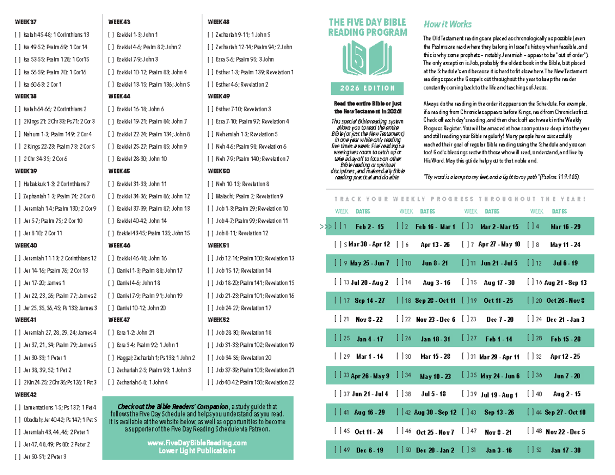 2026 5-Day Bible Reading Schedule: Weekly Progress Tracker - Studocu