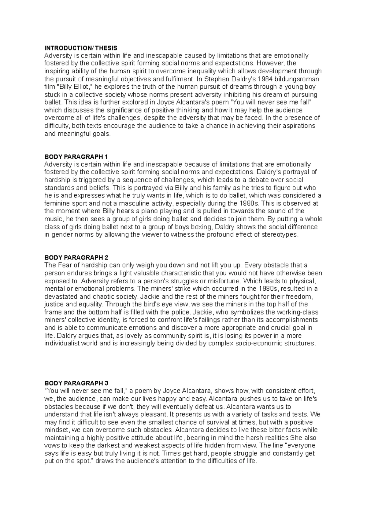 Billy Elliot & The Curious Incident: Human Experience Skeleton Essay ...