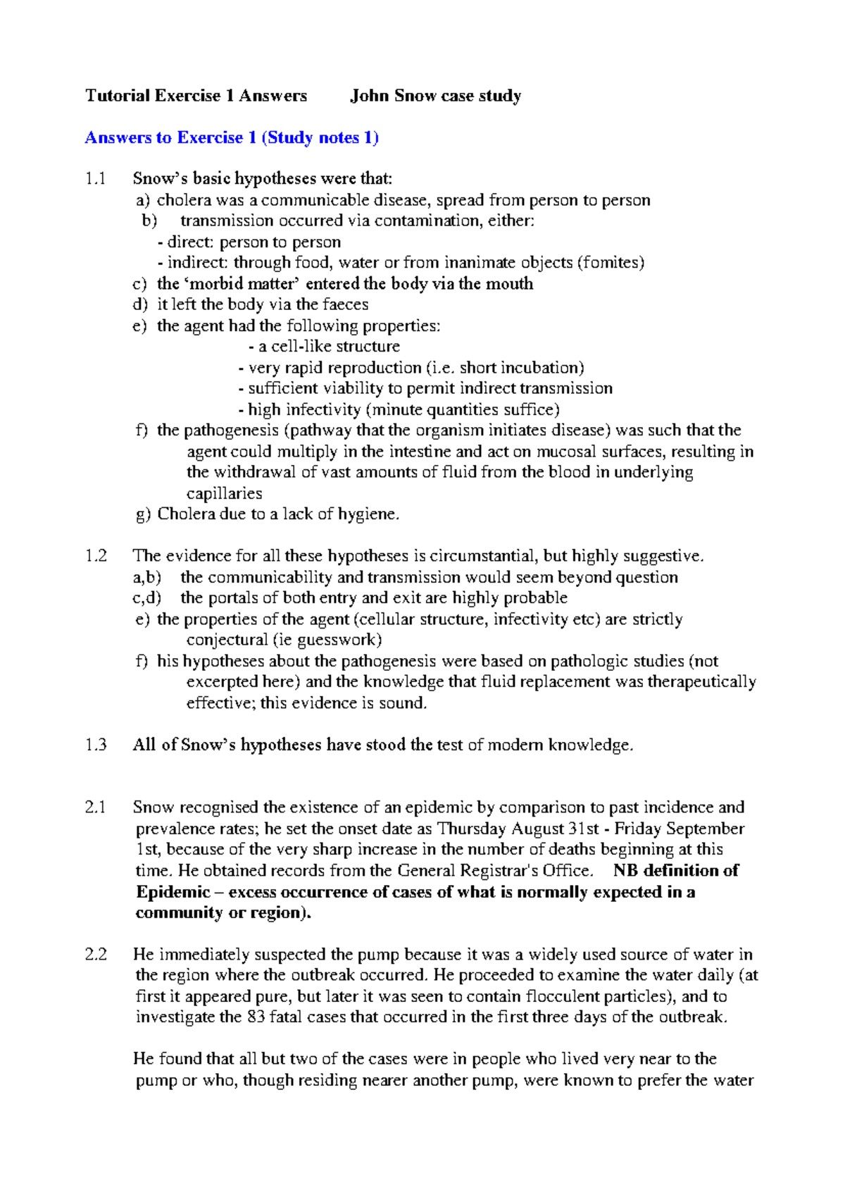 Lecture Notes: John Snow Case Study - Tutorial Exercise 1 Answers - Studocu