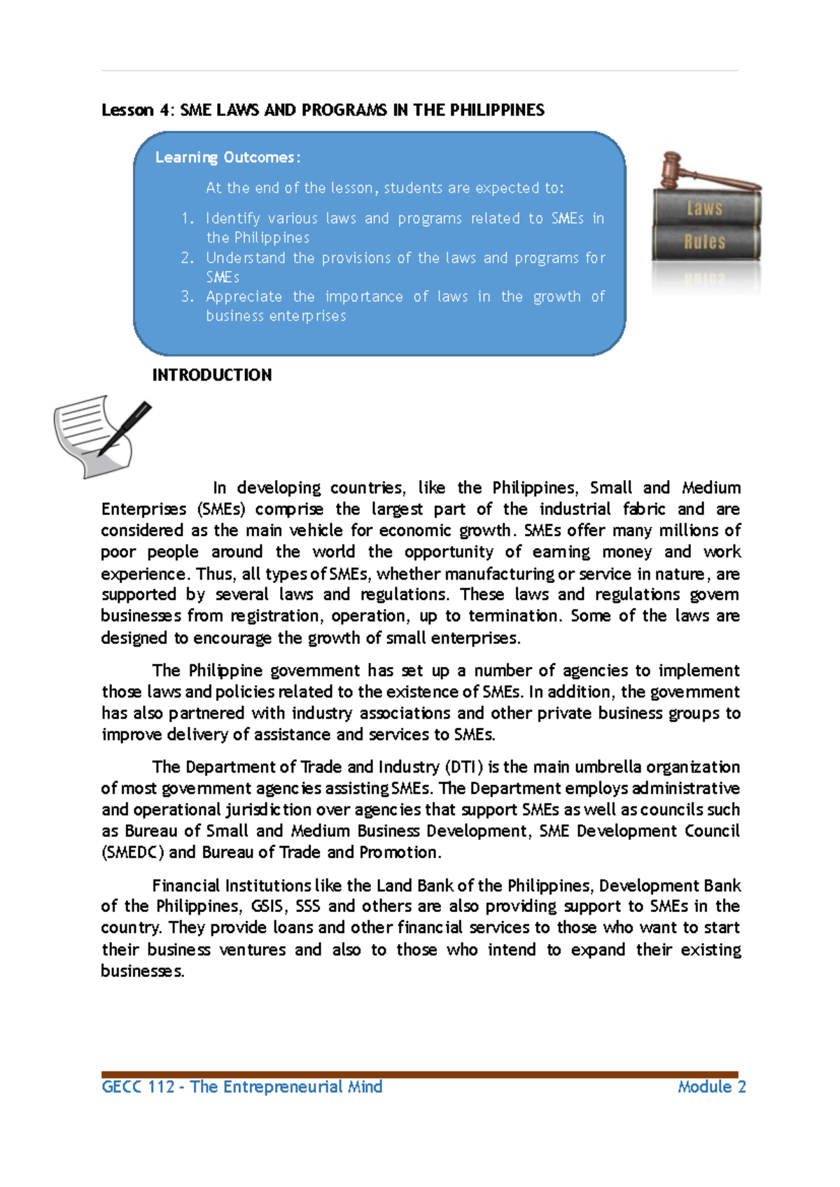 GECC 112: Lesson 4 - SME Laws & Programs in the Philippines - Studocu
